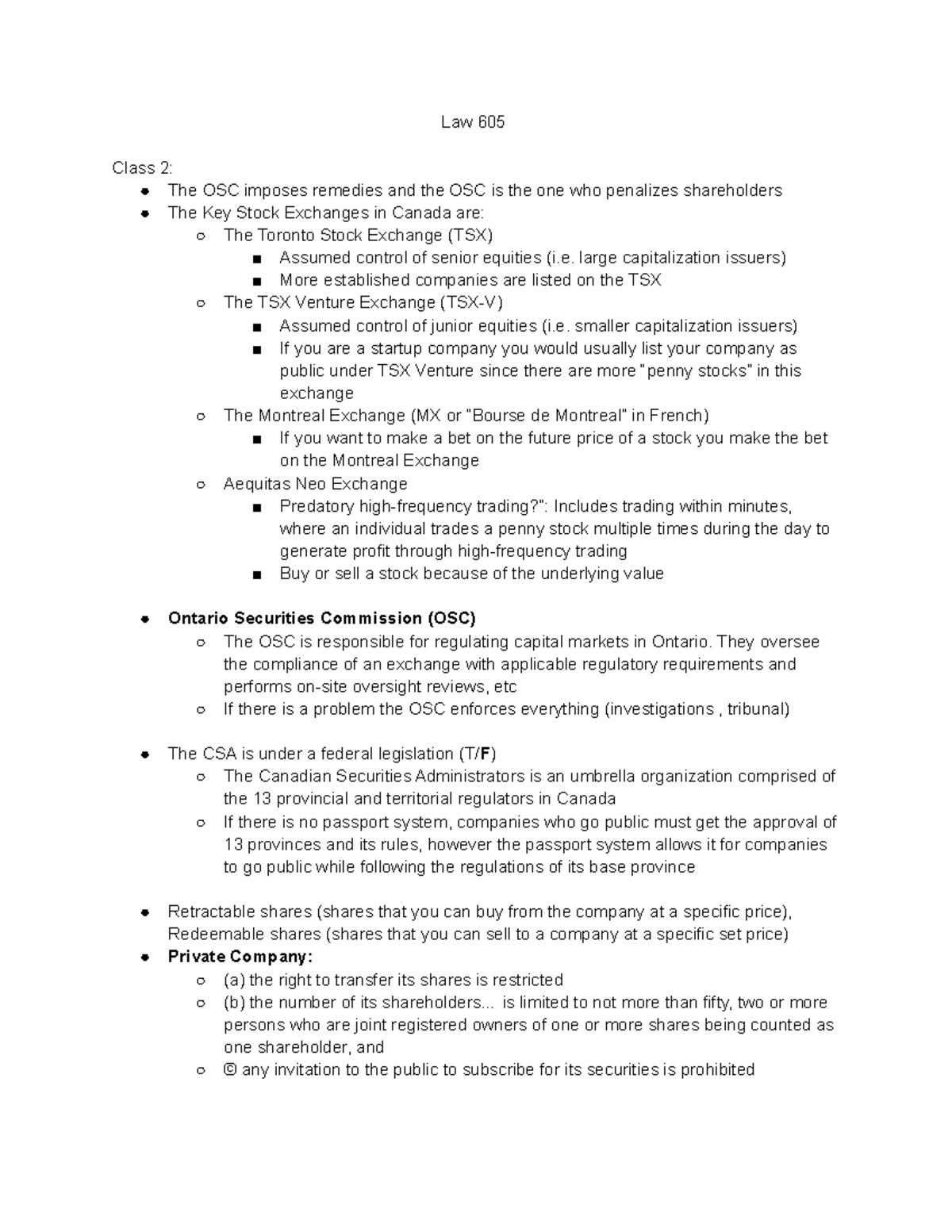 Law 605 - Midterm notes for law 605 - Law 605 Class 2: The OSC imposes ...