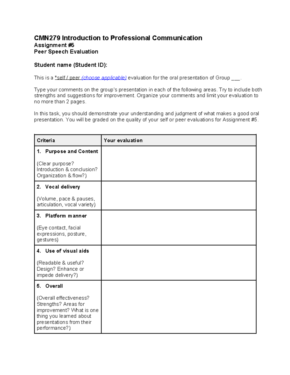 A5 Peer Speech Evaluation template - CMN279 Introduction to ...