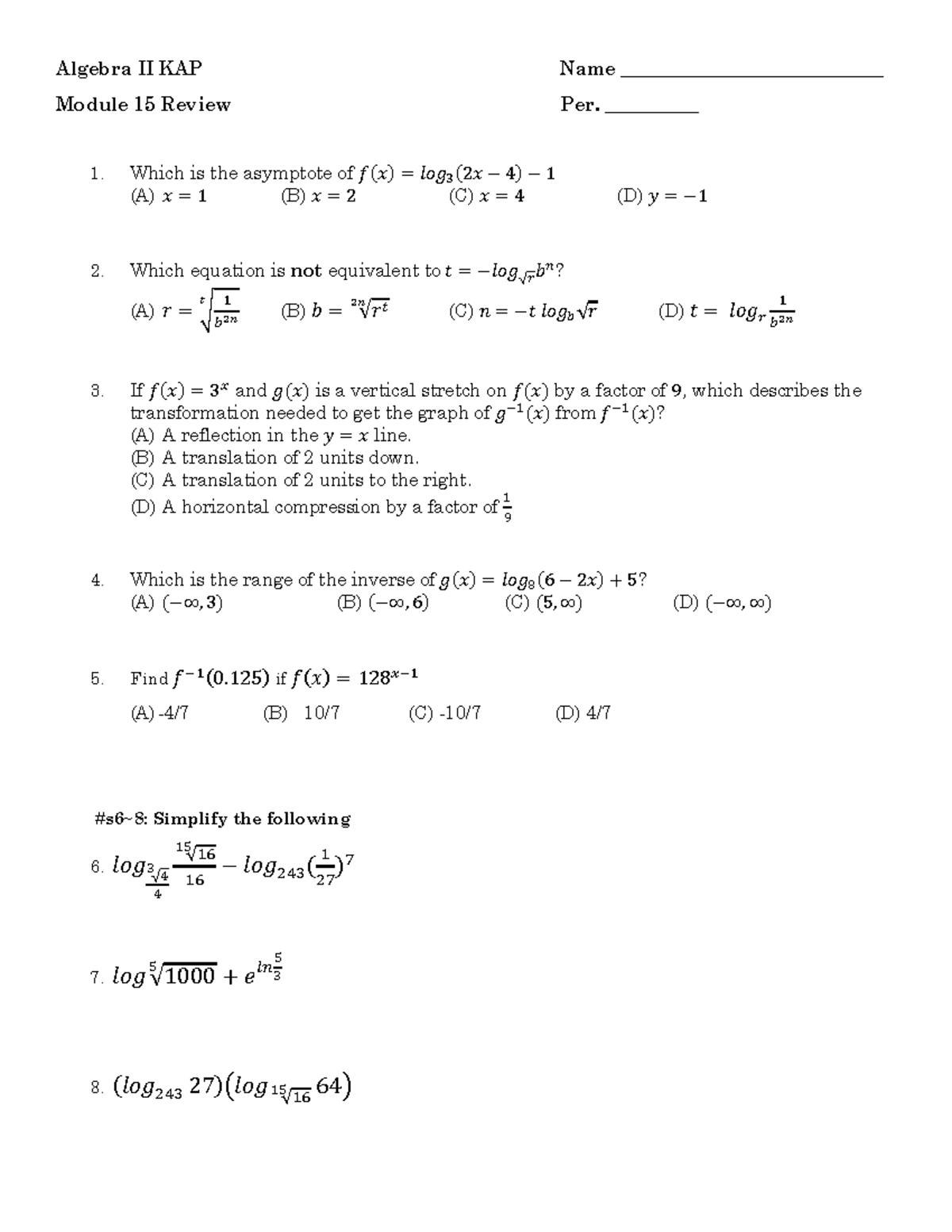 Module 15 Review- kap algebra- knowledge on stuffs - Algebra II KAP ...