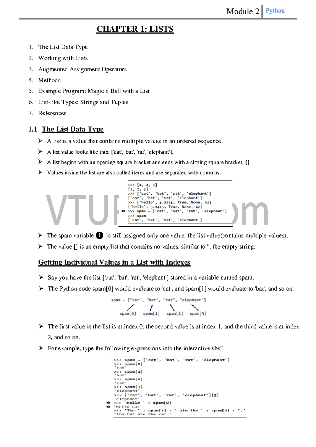 VTUPulse.com-ADPython-Mod - CHAPTER 1: LISTS 1. The List Data Type 2. Working with Lists 3 ...