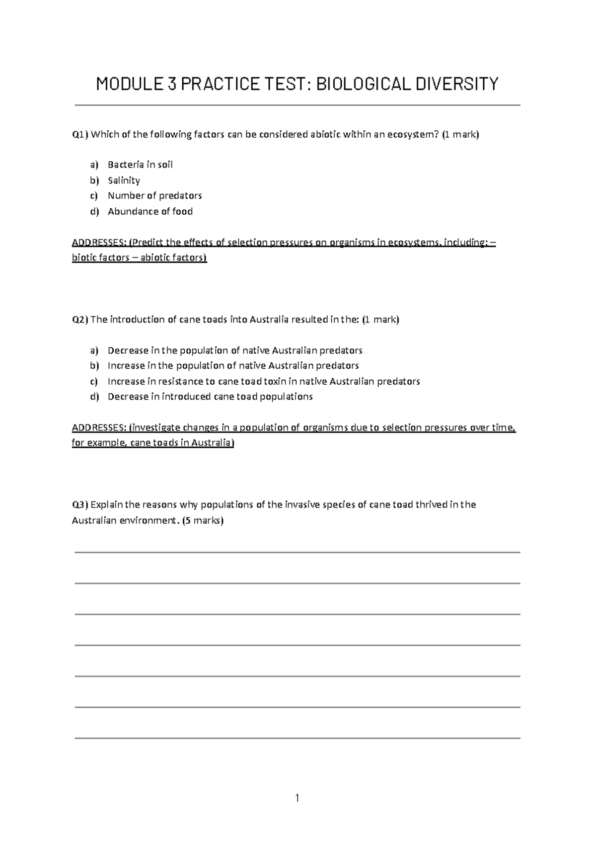 Practice TEST Preliminary Module 3 Biological diversity - MODULE 3 ...