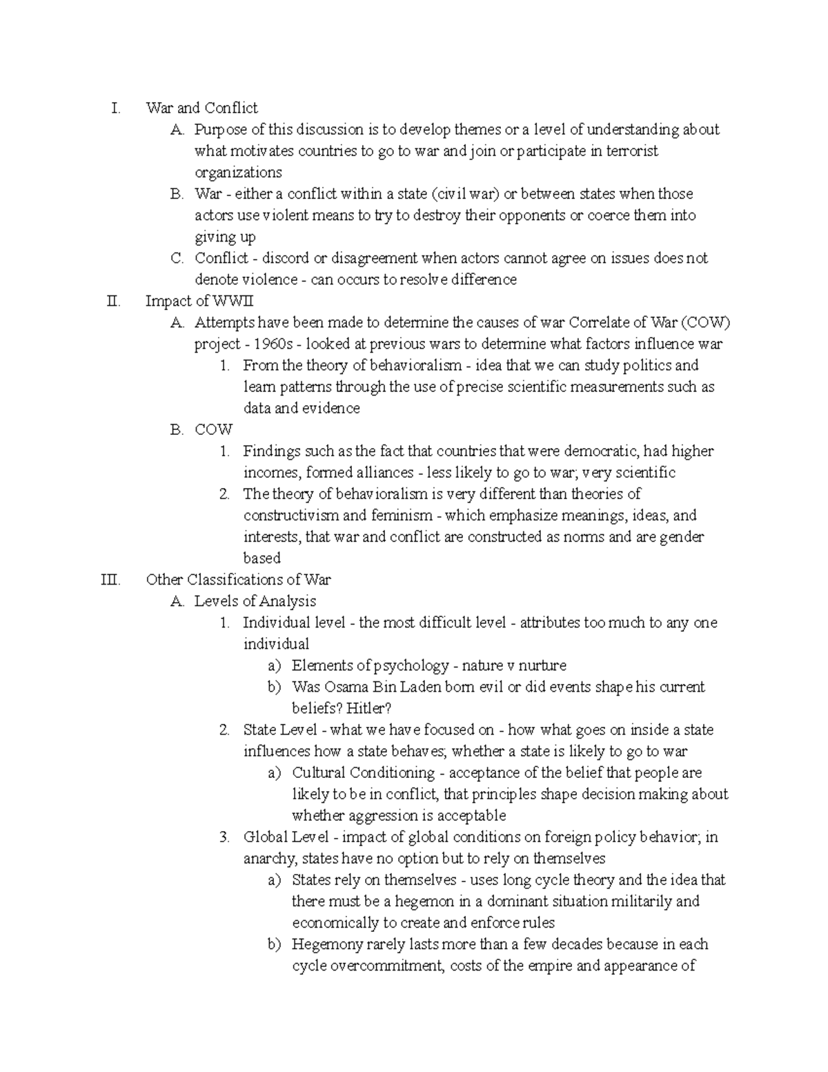 War and Conflict - Notes follow along with the course. - I. War and ...
