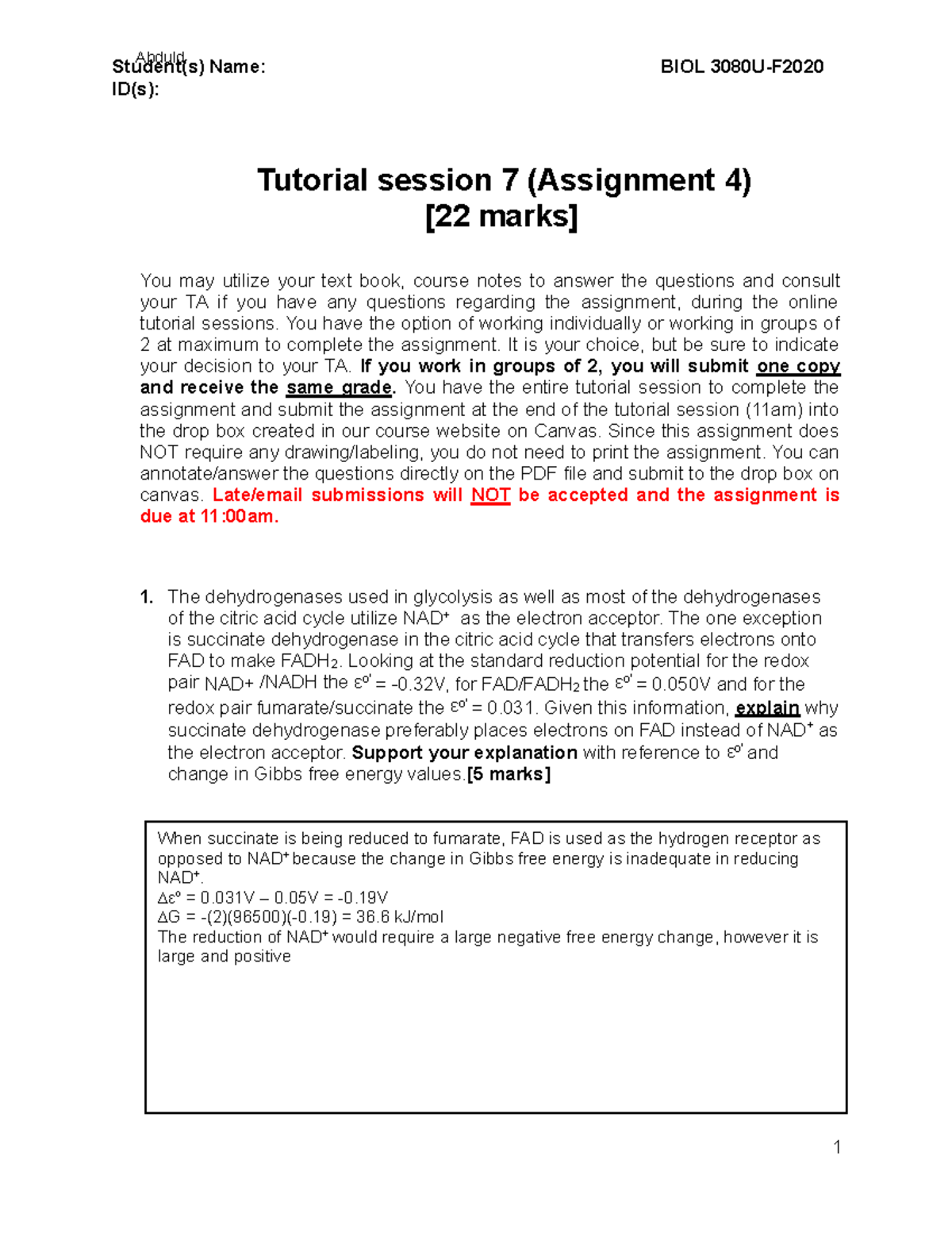 Tutorial 4 Assignmen - Student(s) Name: ID(s): BIOL 3080U-F 1 Tutorial ...