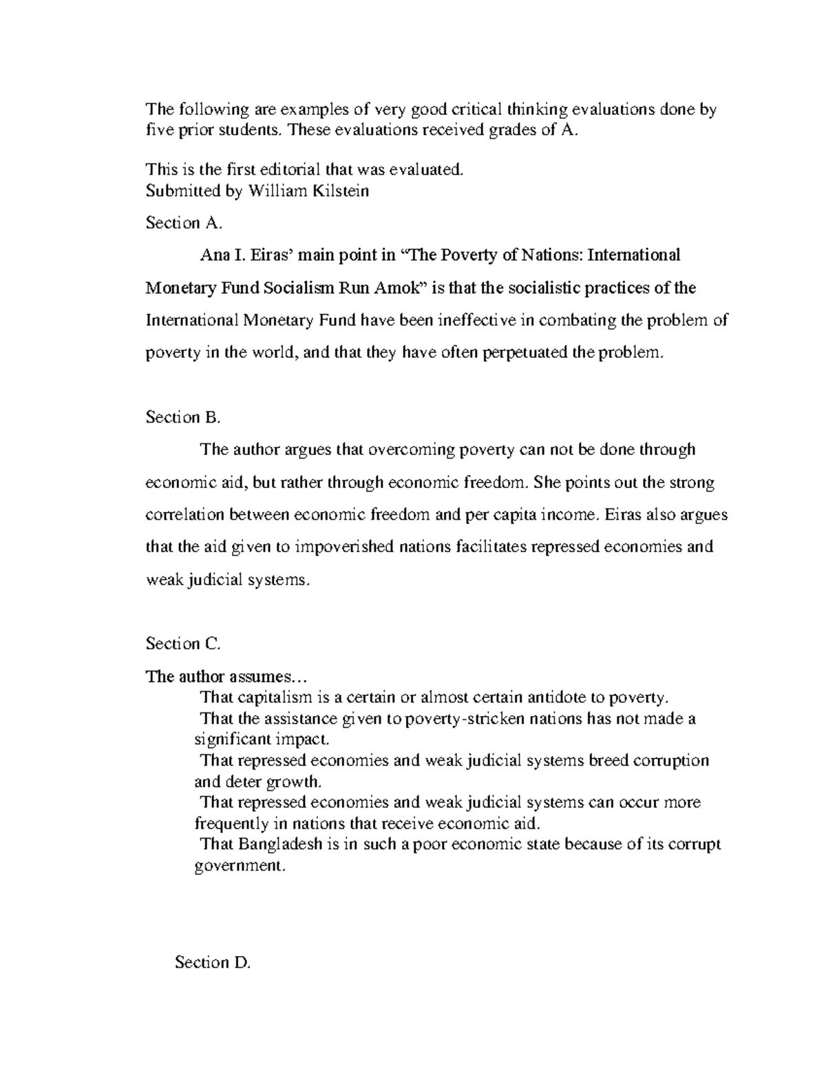 Examples of Good Critical Thinking Evaluations-1 - The following are examples of very good ...