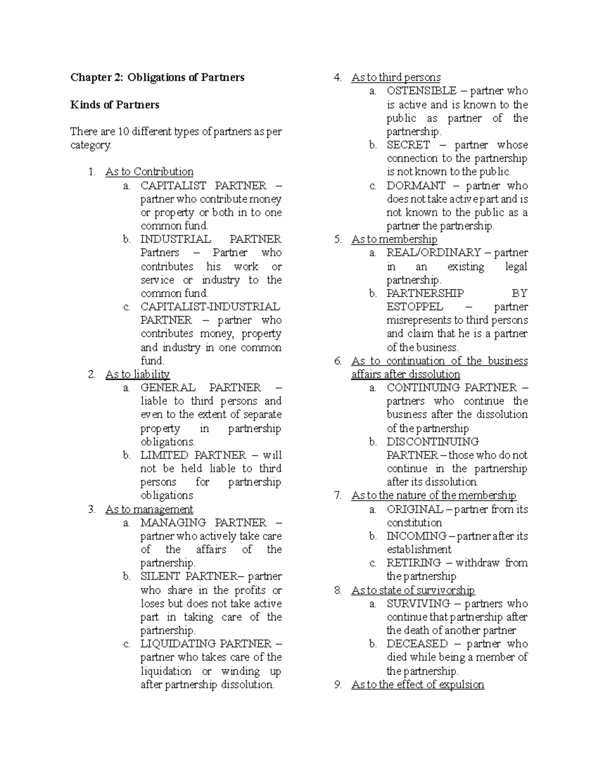 Partnership-Notes - Chapter 2: Obligations of Partners Kinds of ...