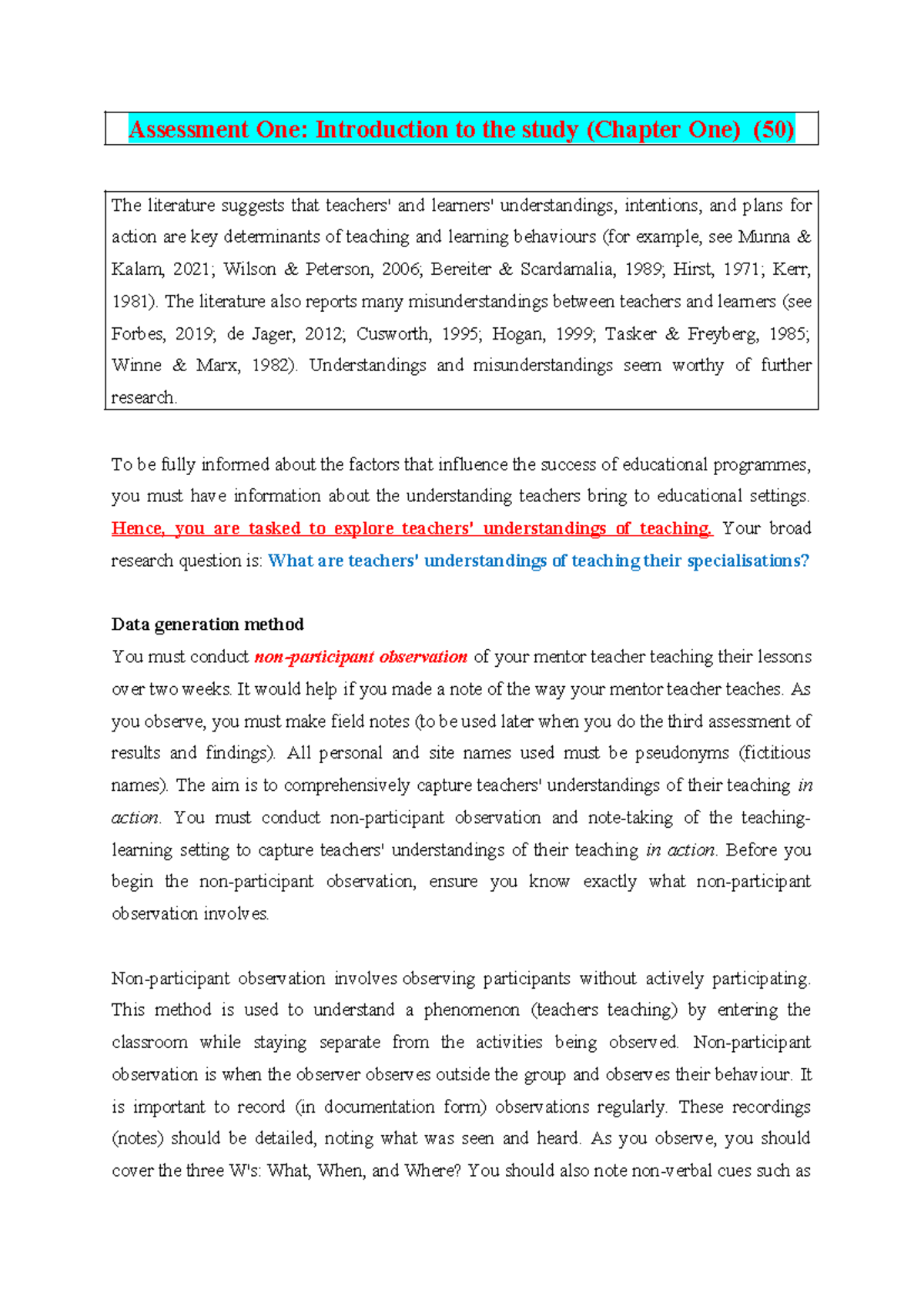 Assessment One (With submission requirements) - Assessment One ...