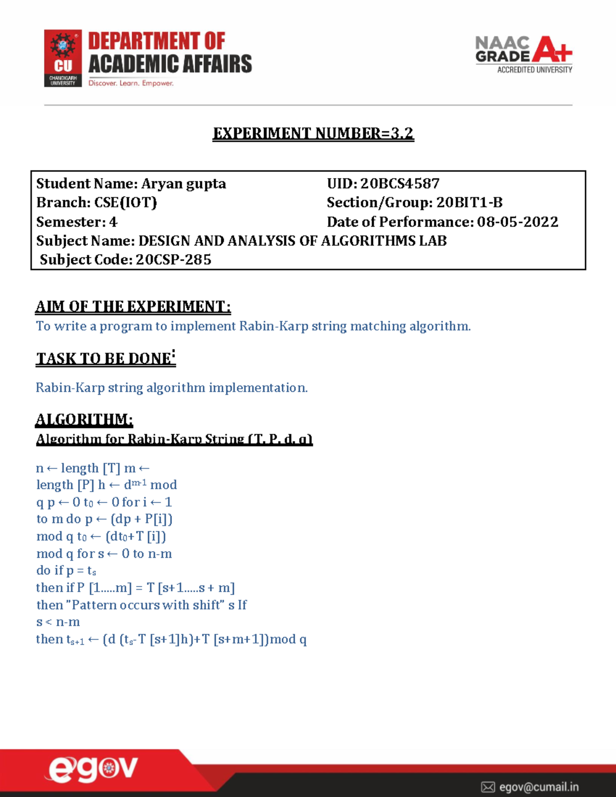 Final Practical Worksheet DAA LAB - EXPERIMENT NUMBER=3. Student Name: Aryan gupta UID: 20BCS45 ...