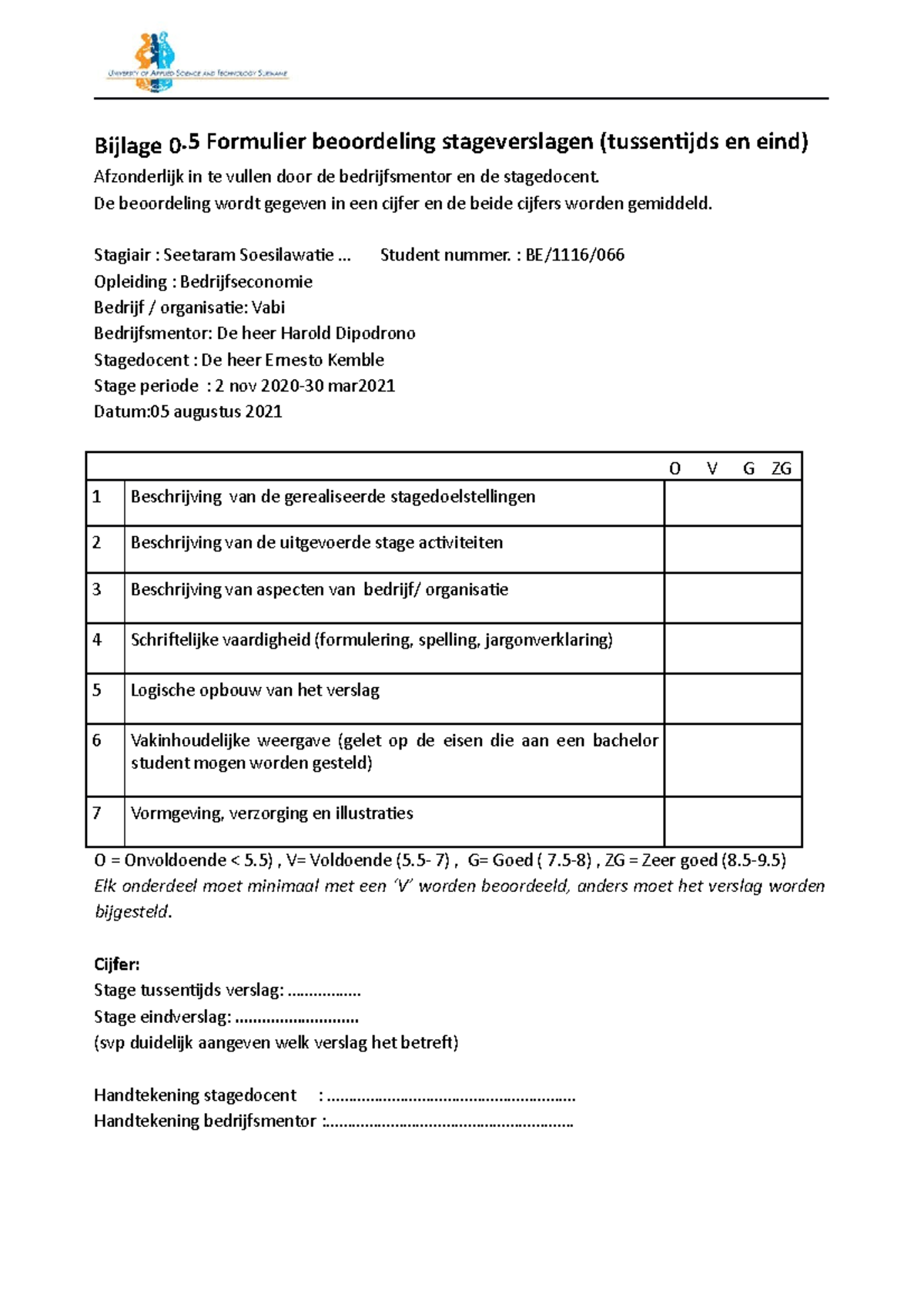 Formulieren ter beoordeling TT + Eind stageverslag - Bijlage 0 ...