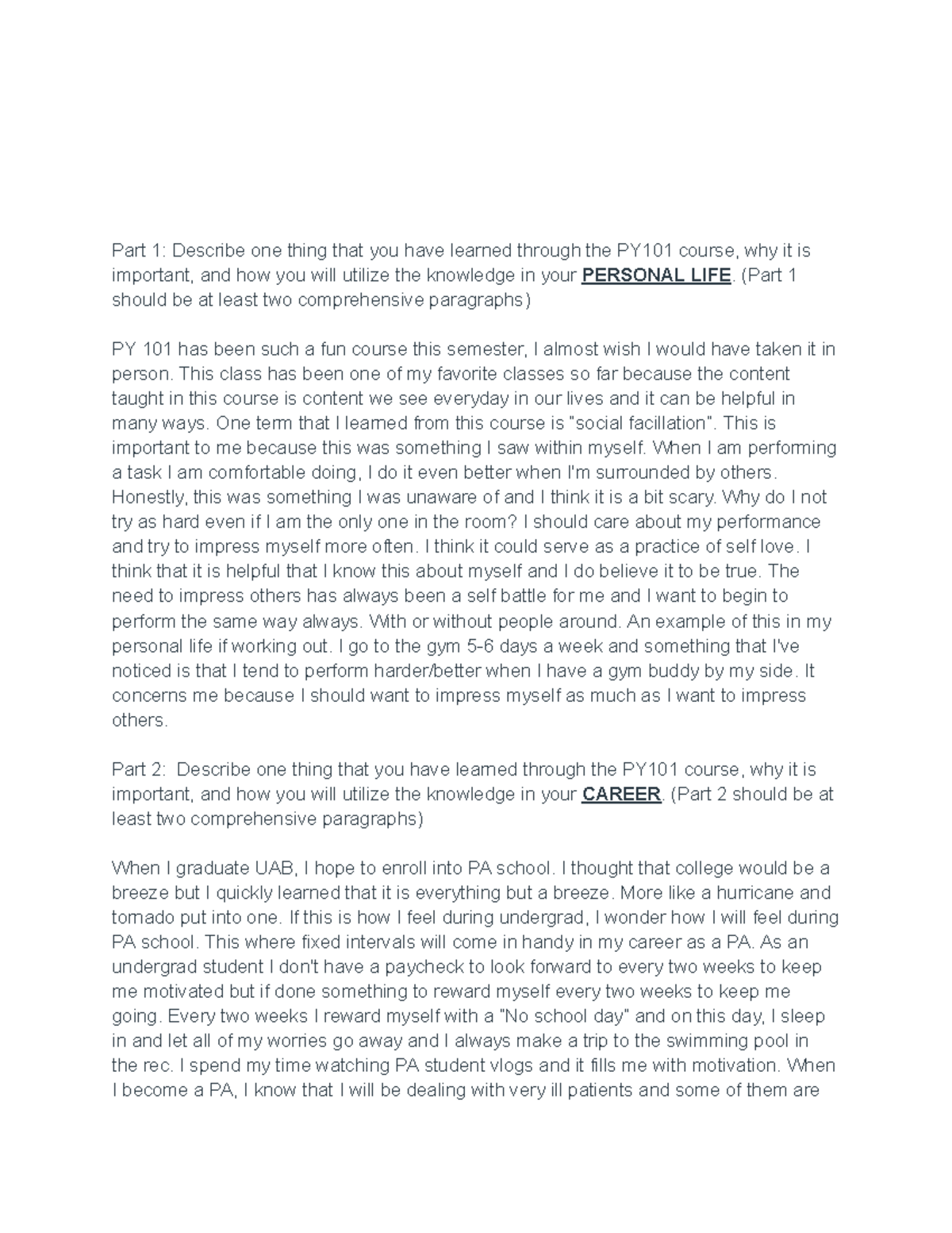 PY 101 Final Reflection - Part 1: Describe one thing that you have ...