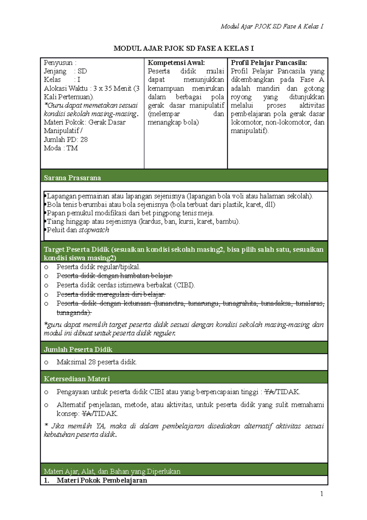 MA PJOK K1 Mat.3 (datadikdasmen - MODUL AJAR PJOK SD FASE A KELAS I Penyusun : Jenjang : SD ...