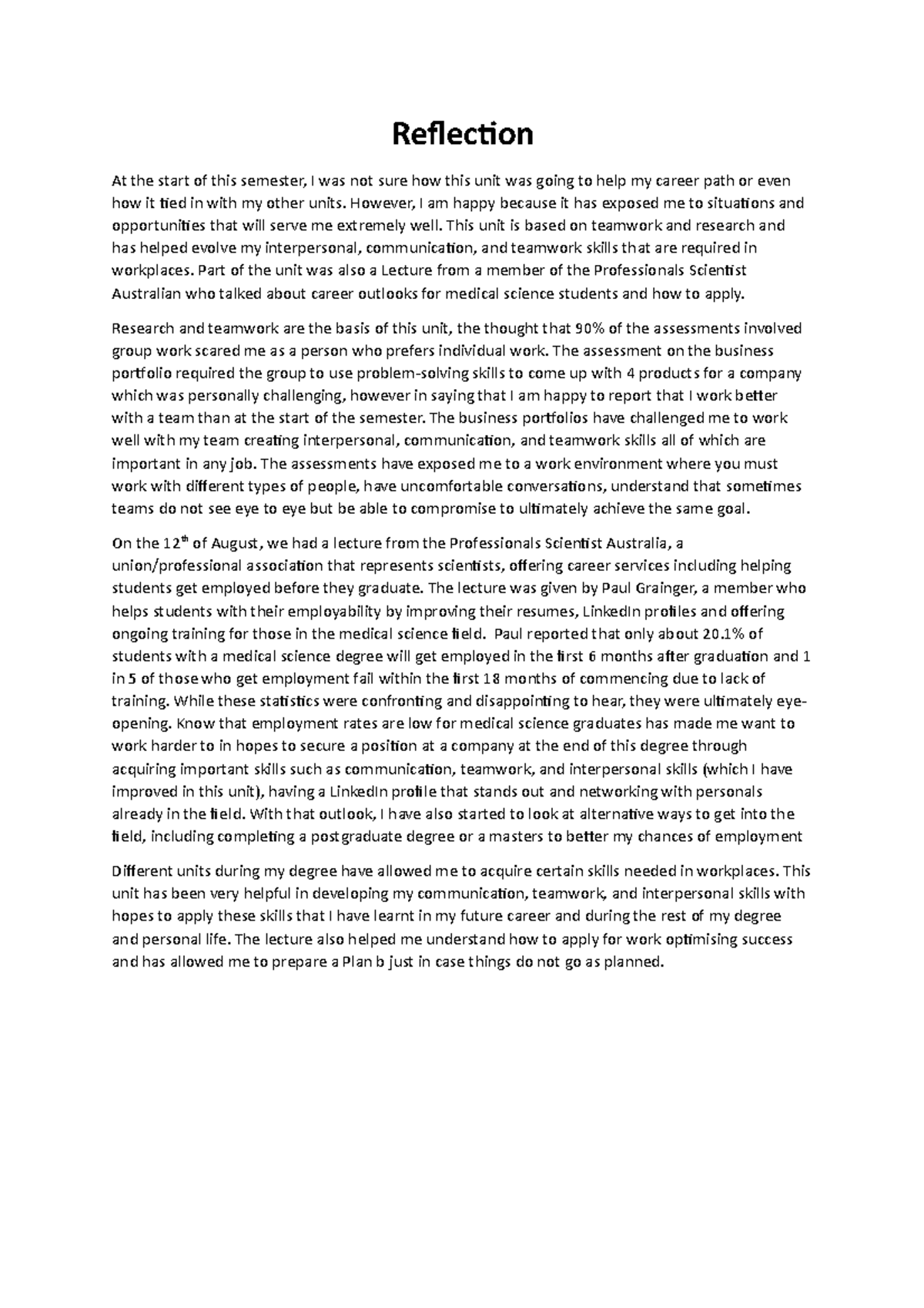 Reflection- on a presentation done by professional Australia on career ...