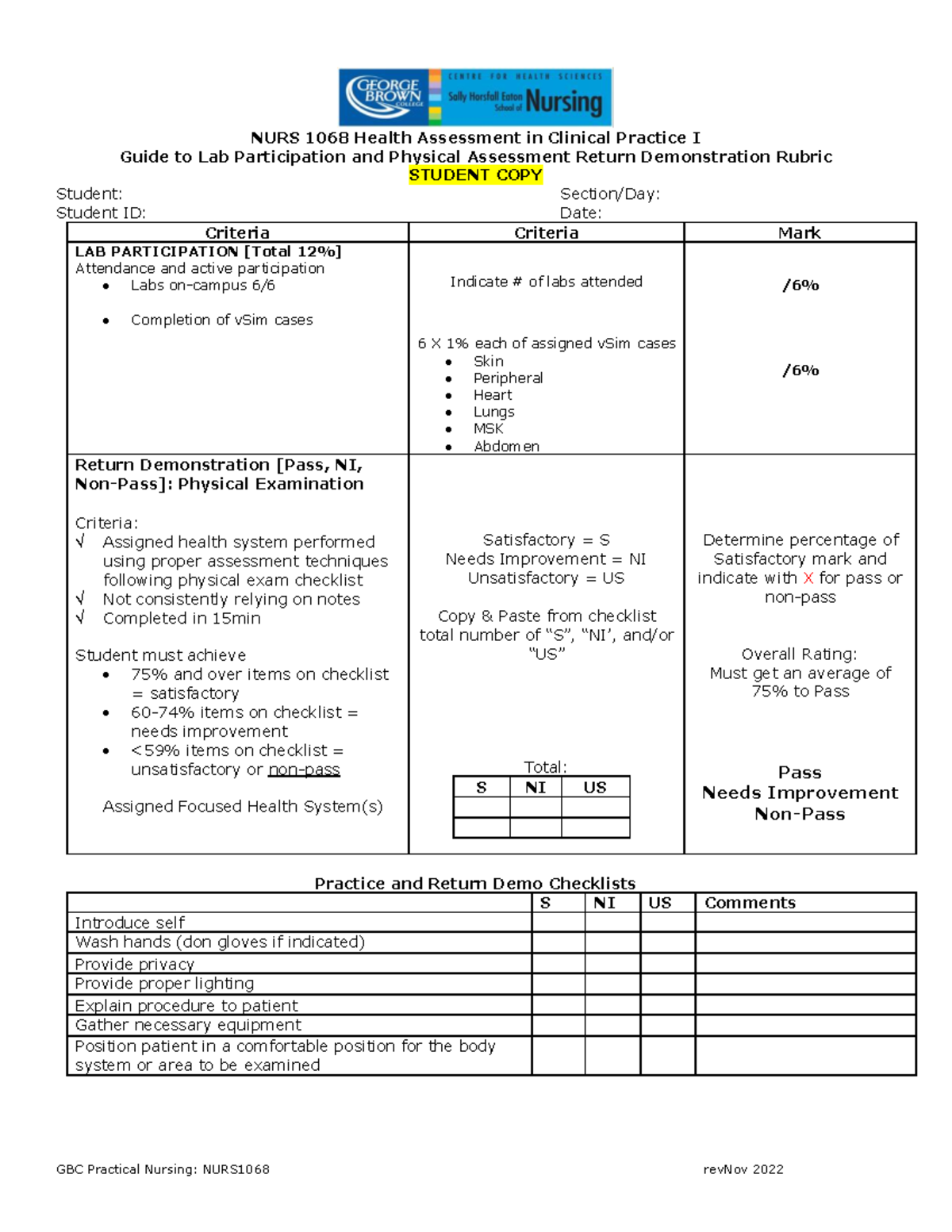 HA Performance checklist TEST ALL 2022v3 Student - NURS 1068 Health ...