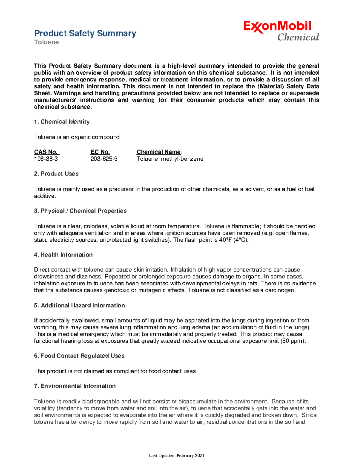 Toluene product safety summary - Product Safety Summary Toluene Last ...