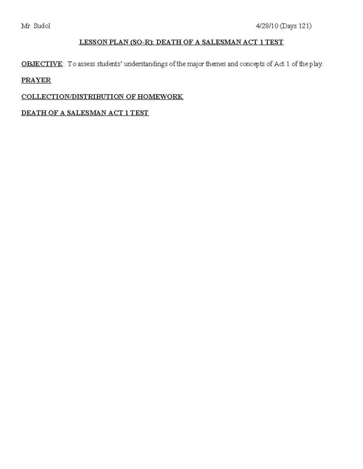 April 28 death of a salesman act 1 test-sor - Mr. Sudol 4/28/10 (Days ...