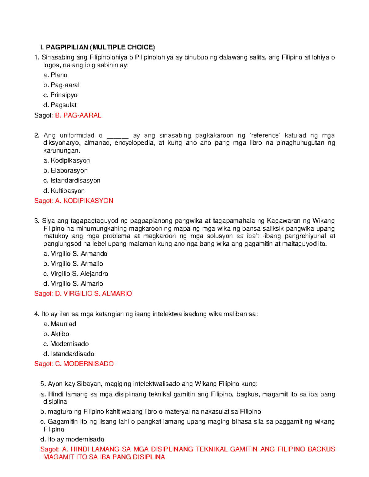 IWF- Reviewer - I. PAGPIPILIAN (MULTIPLE CHOICE) Sinasabing ang ...