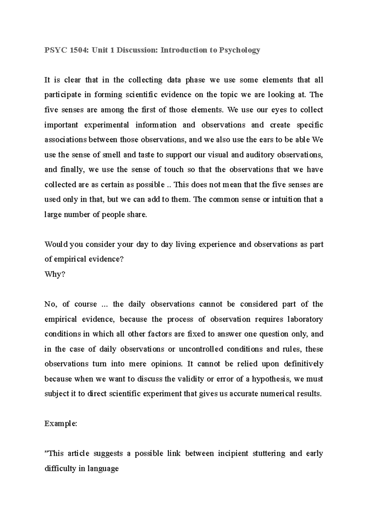 PSYC 1504 UNIT 1 DF Assignment Number 7 - PSYC 1504: Unit 1 Discussion: Introduction to ...