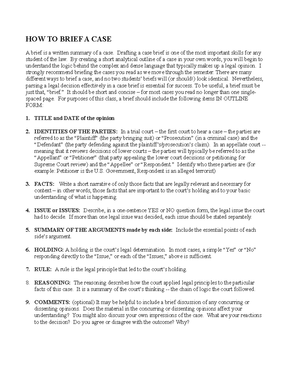 Briefing+ Handout+EL 2 - HOW TO BRIEF A CASE A brief is a written ...