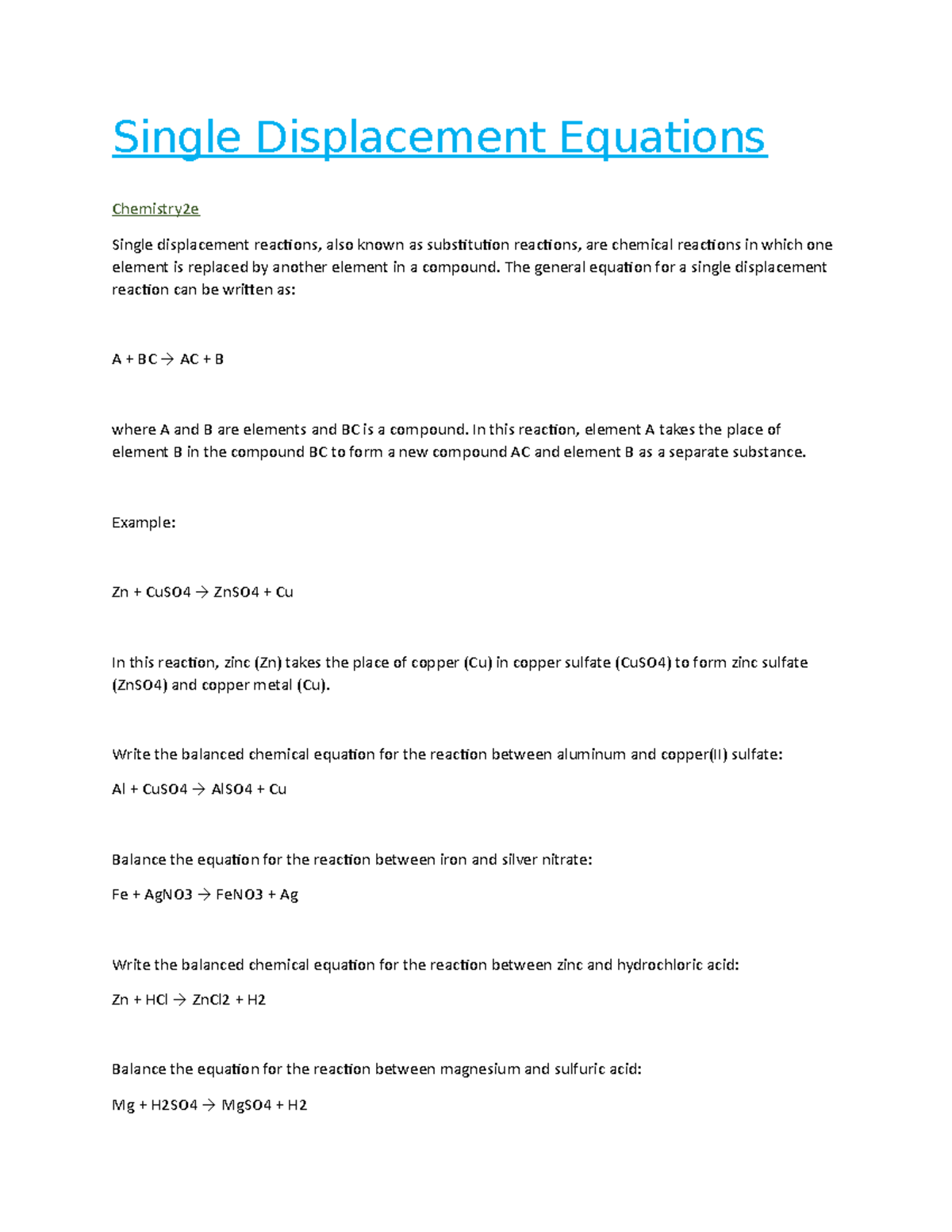 Single Displacement Equations - Single Displacement Equations ...