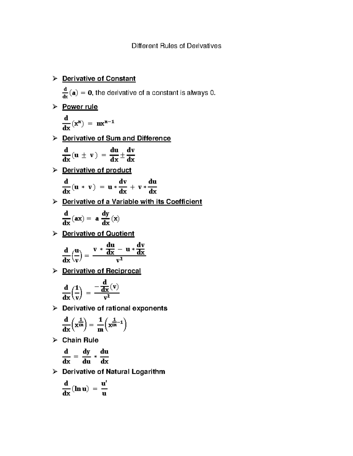 Notes FOR DE - Derivatives - Different Rules of Derivatives Derivative ...