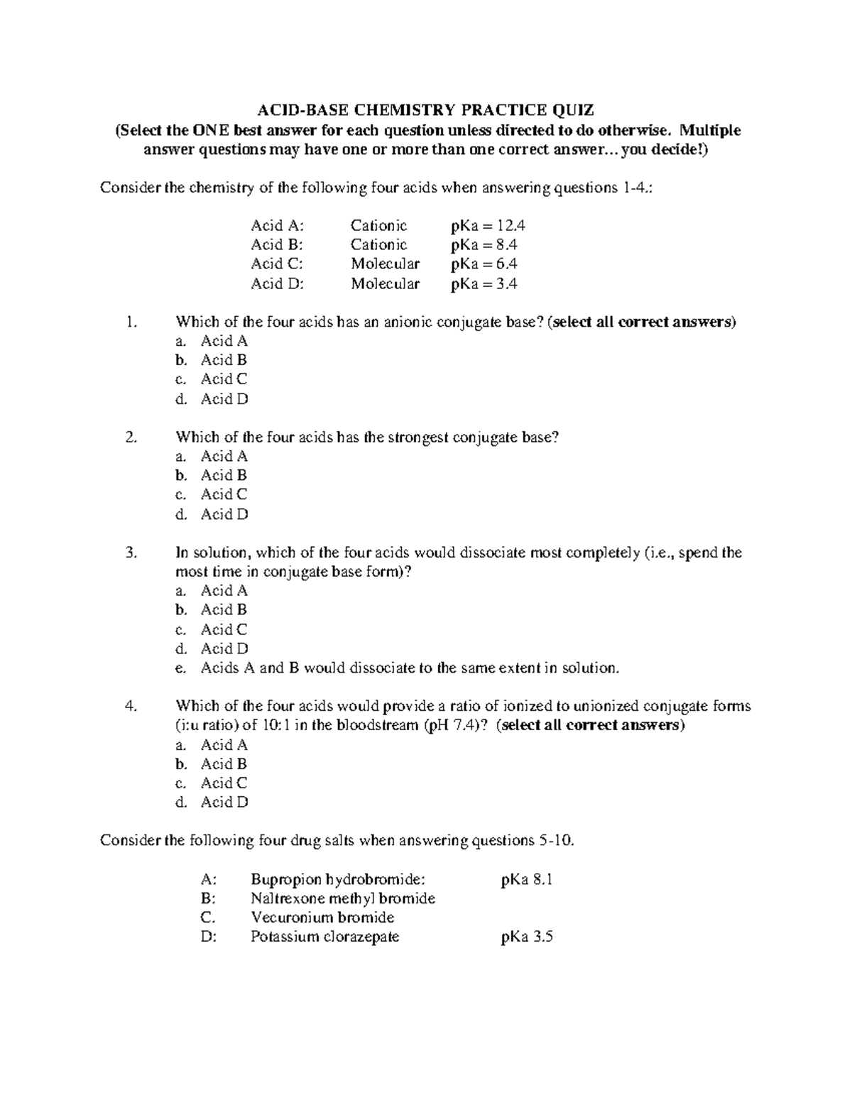 Acid Base Chemistry Practice Quiz - ACID-BASE CHEMISTRY PRACTICE QUIZ ...