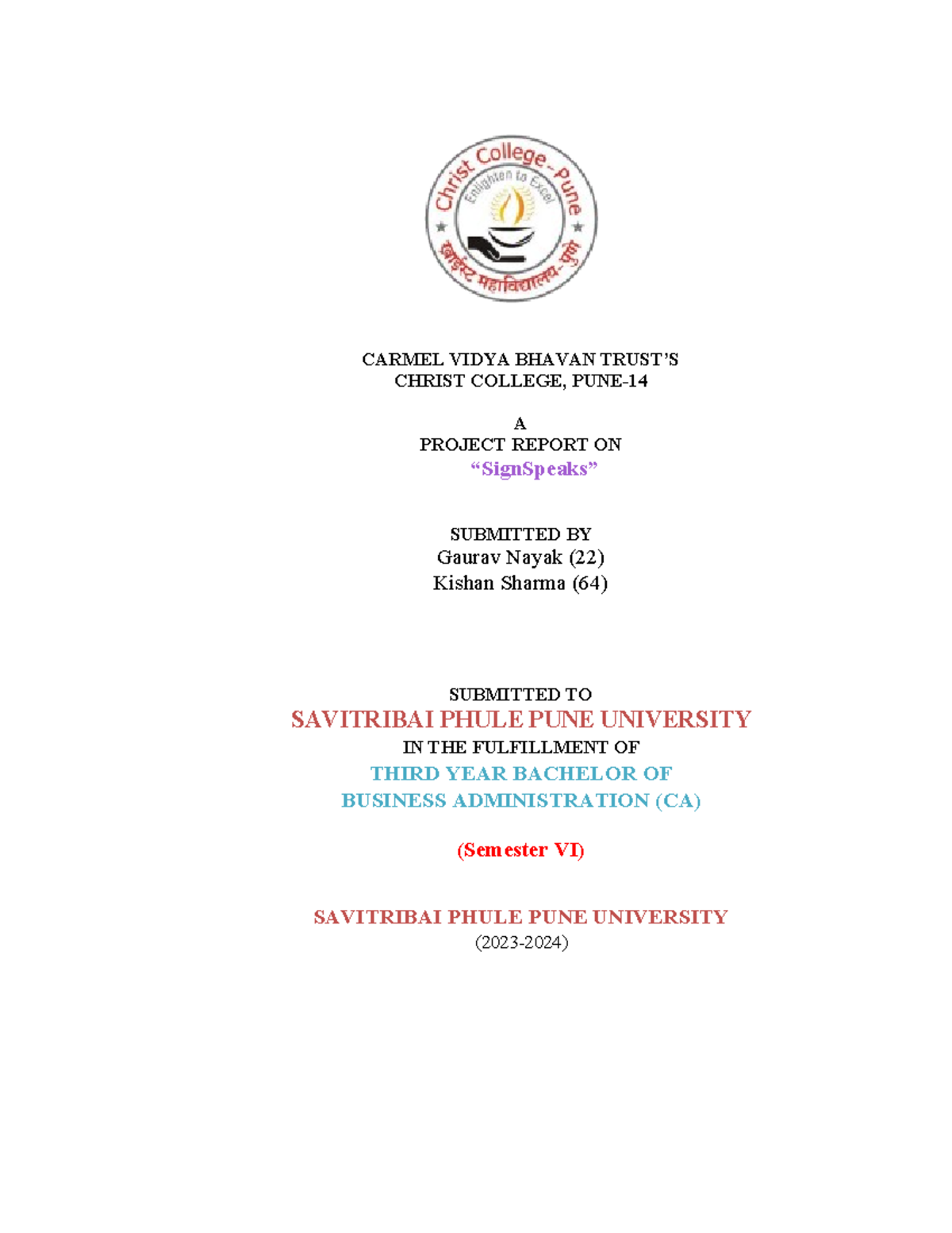 Documentation template for project for bca and bba ca - CARMEL VIDYA BHAVAN TRUST’S CHRIST ...