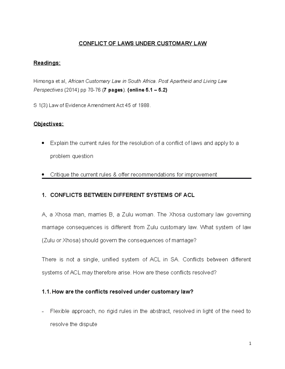 10 - Notes/slides - CONFLICT OF LAWS UNDER CUSTOMARY LAW Readings ...