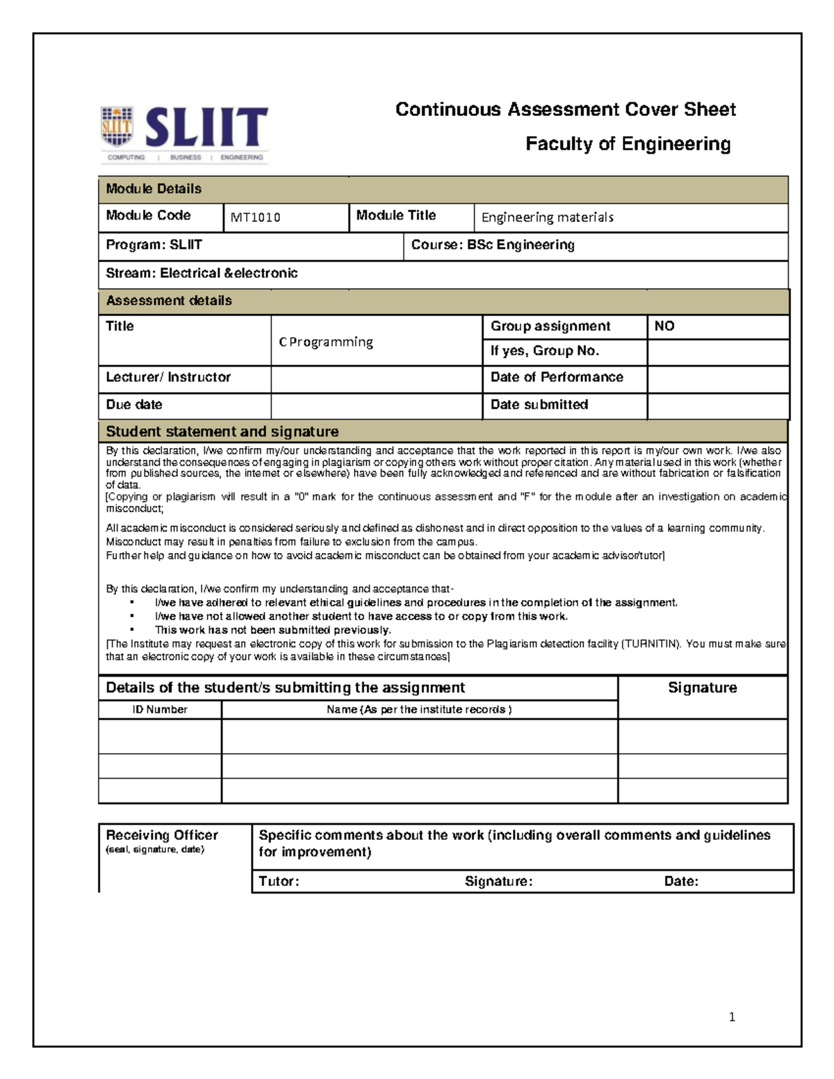 Aabbcc - mmm - Continuous Assessment Cover Sheet Faculty of Engineering ...