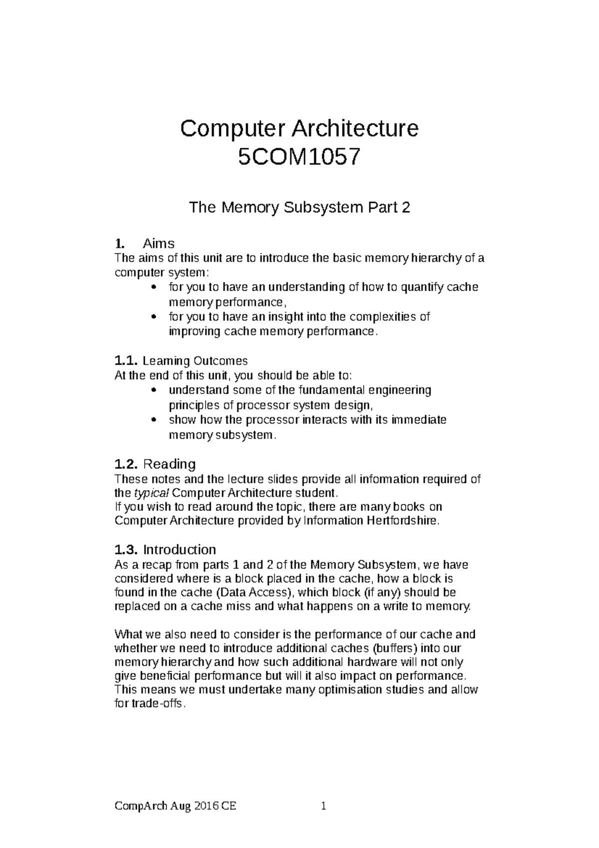 Comp Arch Notes -The Memory Subsystem - Computer Architecture 5COM The ...