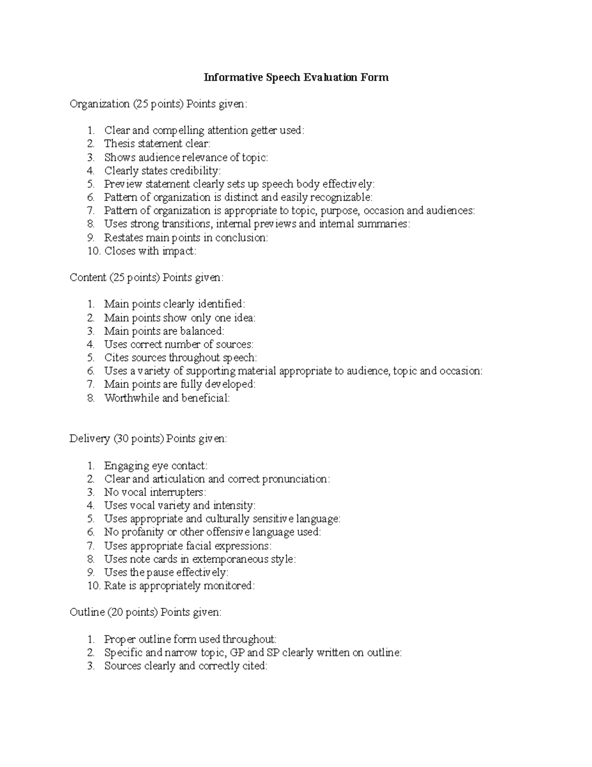 Informative Speech Grading Rubric - Informative Speech Evaluation Form ...