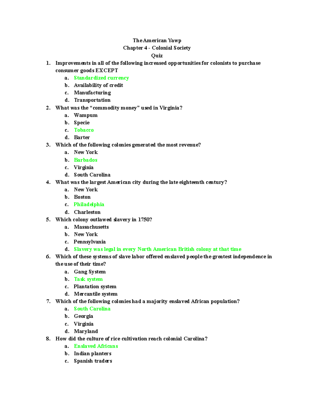 The American Yawp Chap 4 Quiz The American Yawp Chapter 4 Colonial