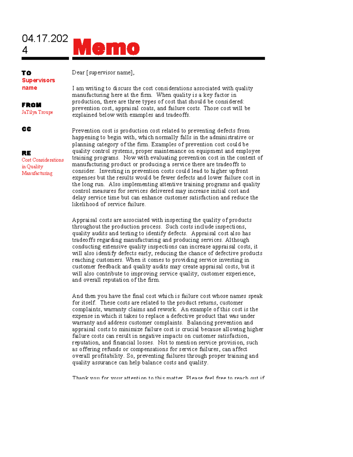 Business Management Task 1 - 04. 4 Memo TO Supervisors name FROM ...