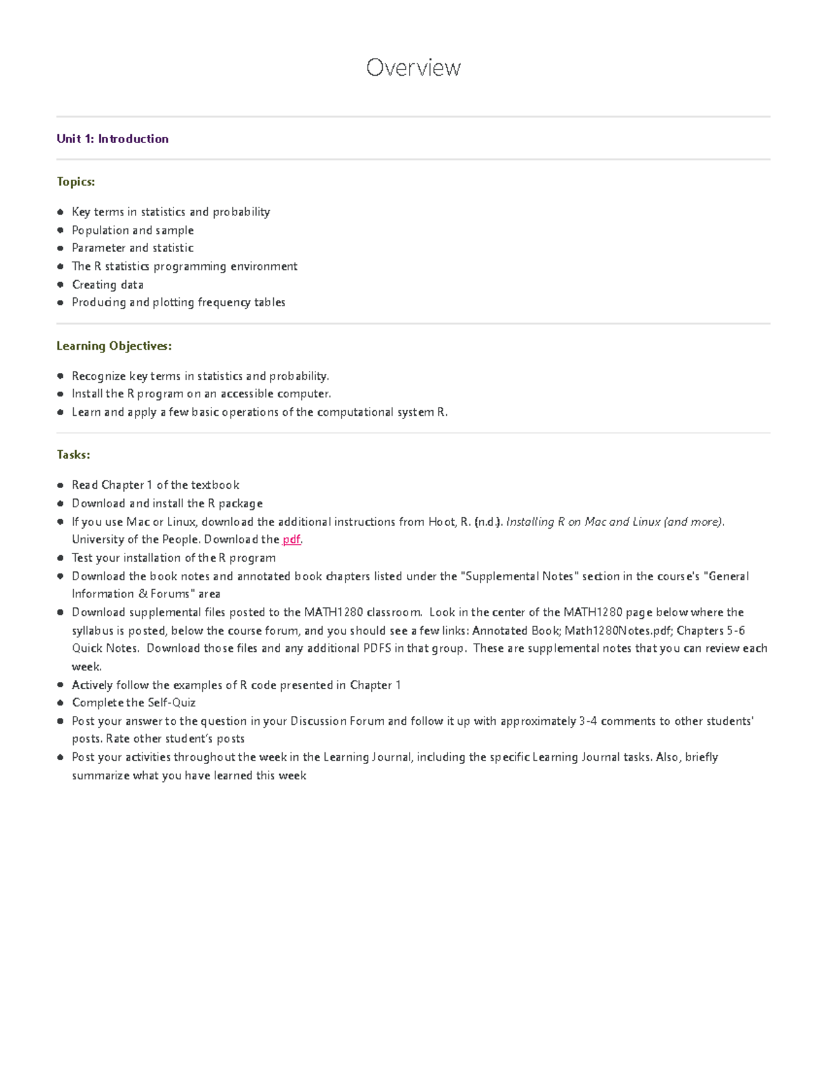 MATH 1280 Unit 1 Learning Guide - Overview Unit 1: Introduction Topics: Key terms in statistics ...