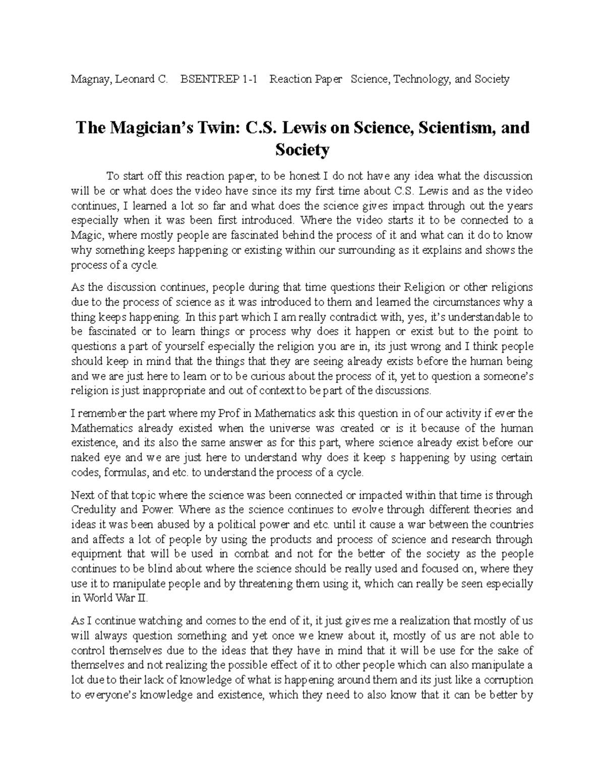 Magnay, Leonard C. - Reaction Paper - Magnay, Leonard C. BSENTREP 1-1 ...