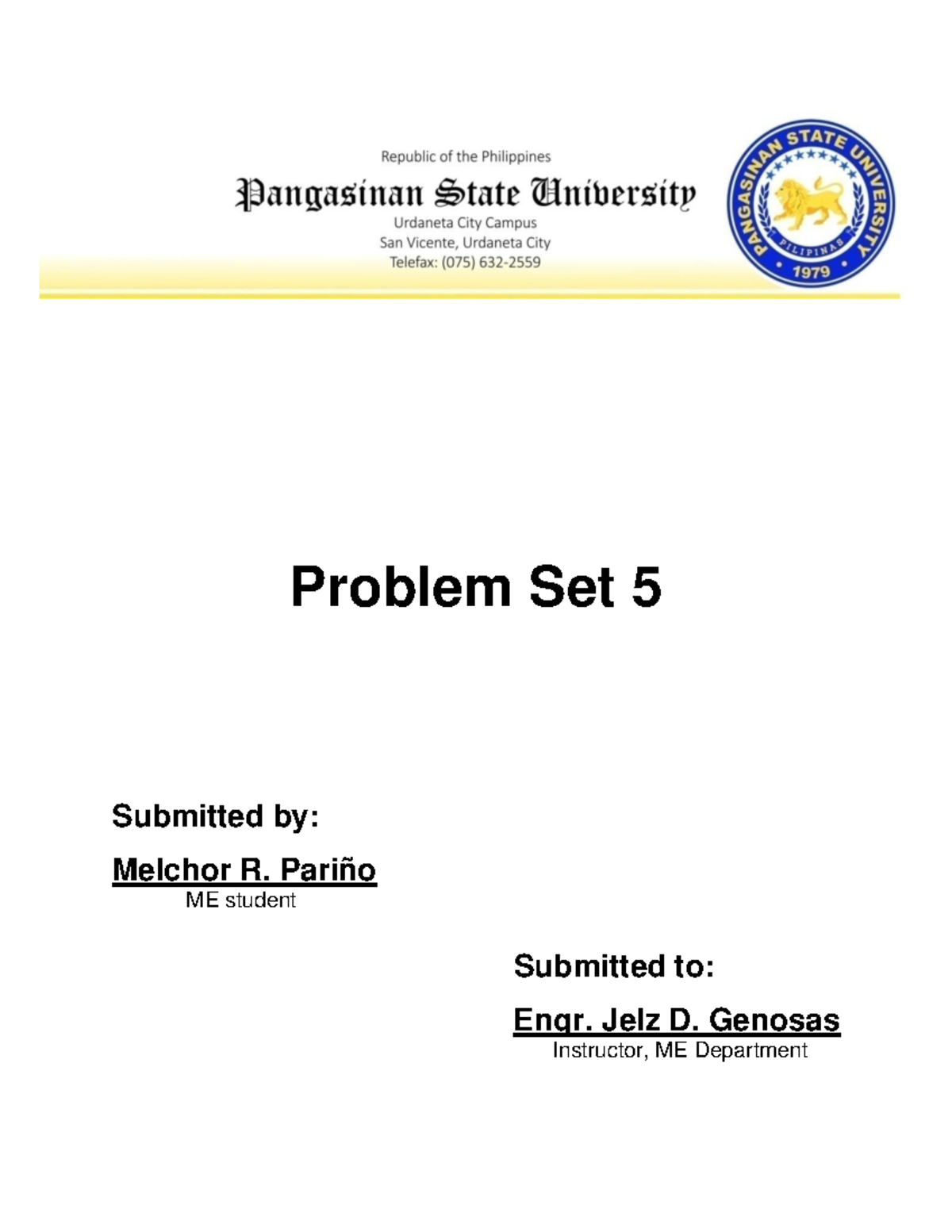 PHY1 ME2A Problem Set 5 Pariño Melchor - Physics For Engineers - PangSU ...