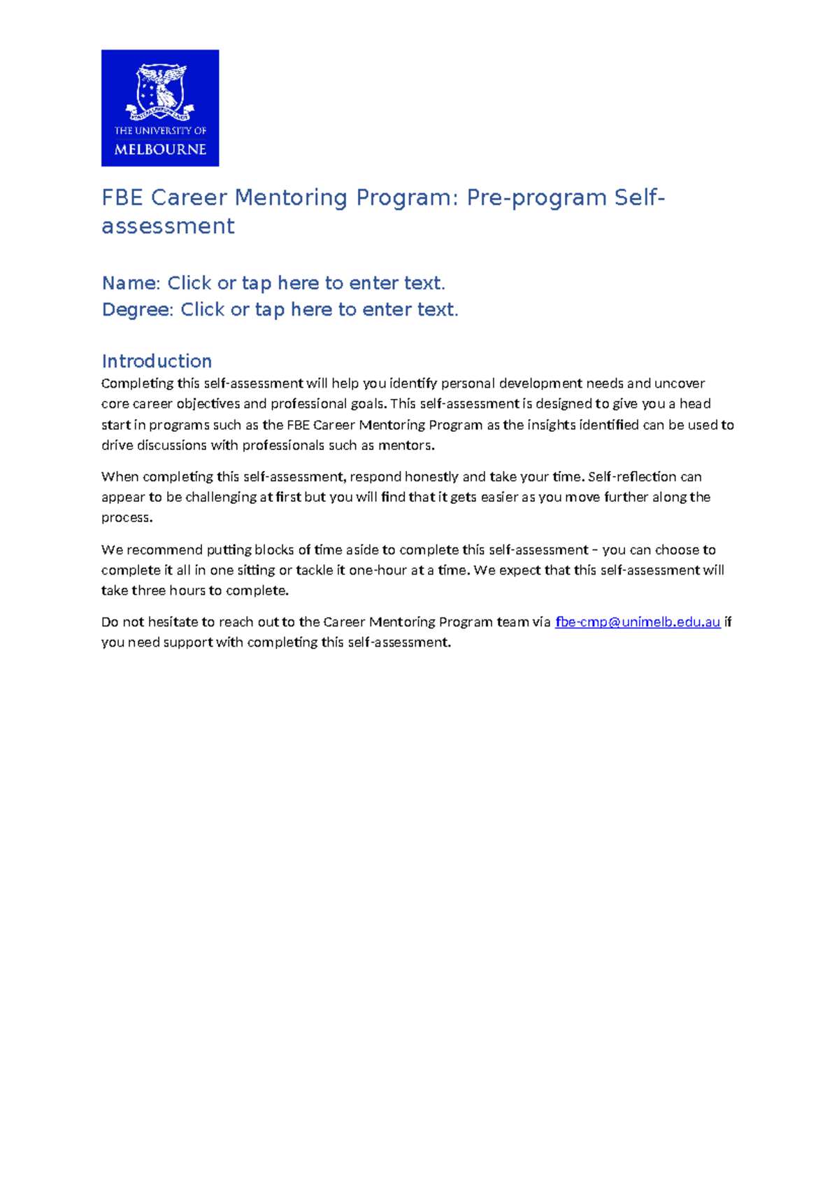 CMP-21 Pre-assessment - FBE Career Mentoring Program: Pre-program Self ...