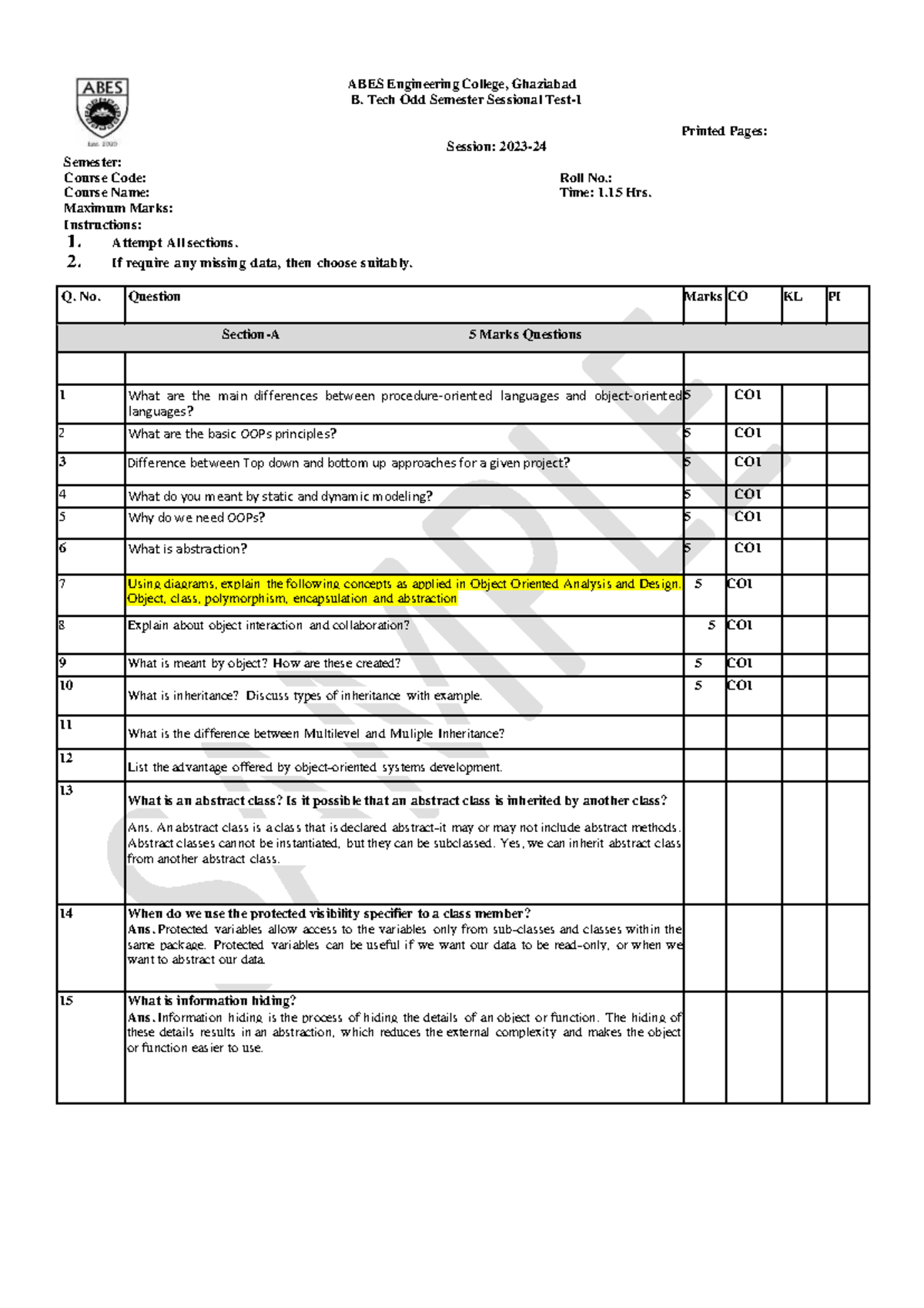Oosd Ques Bank of unit 1 and 2 - ABES Engineering College, Ghaziabad B ...
