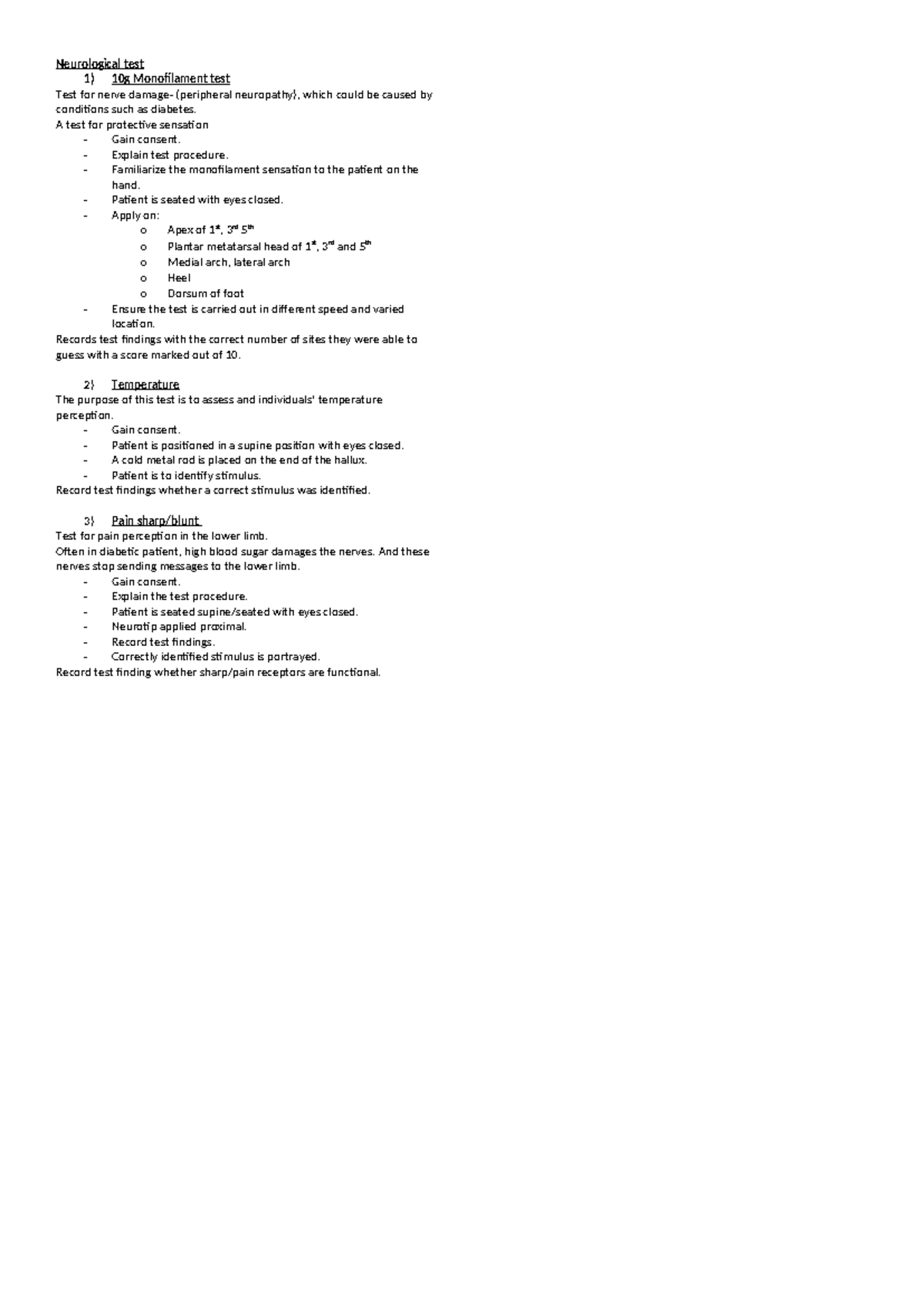 Neurological test - neuro tests - Neurological test 1) 10g Monofilament ...