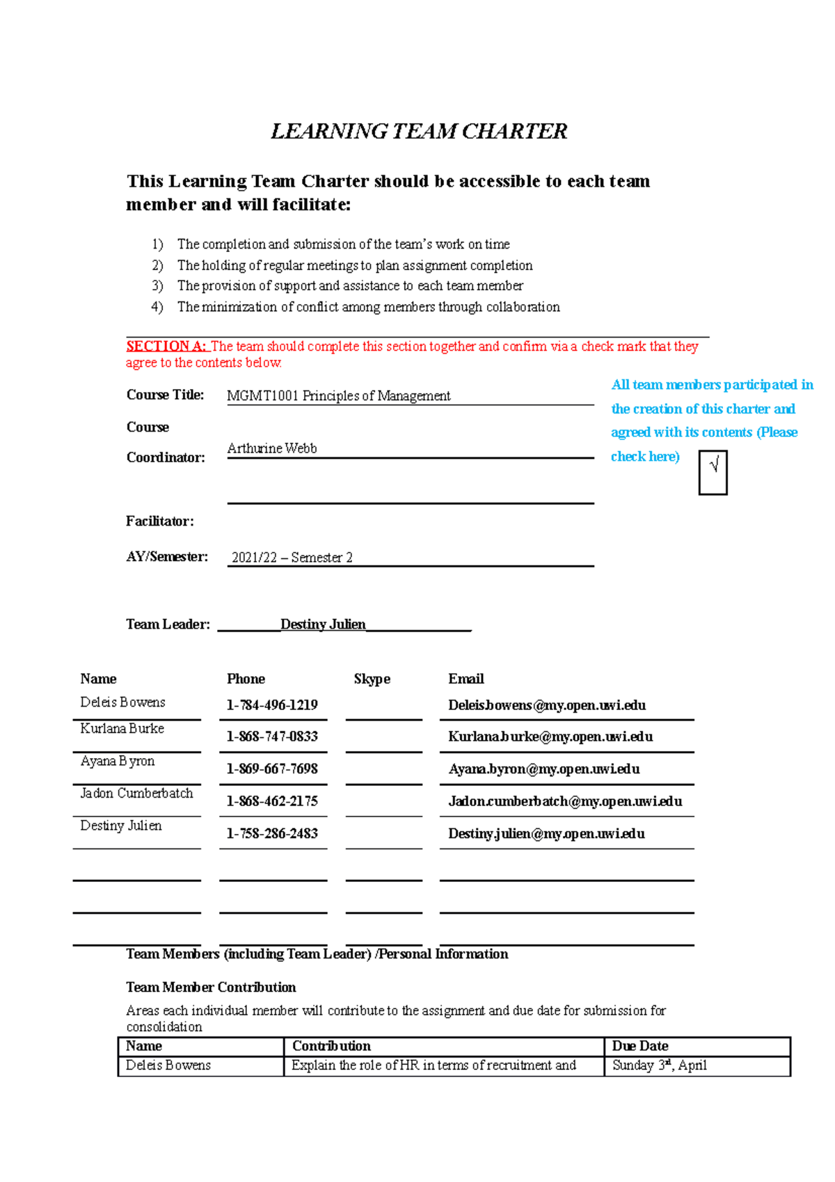 MGMT1001 GRP Tutorial Assessment Learning TEAM Charter S2 21 22 -2 ...