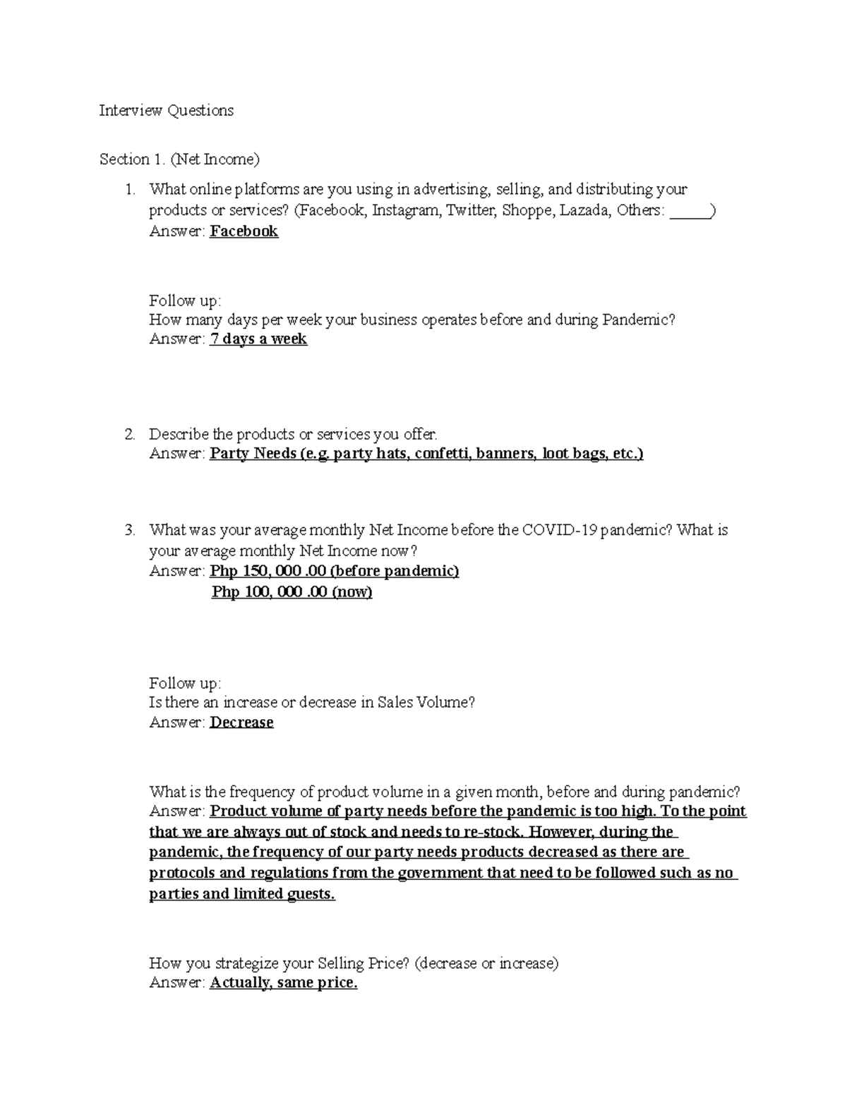 interview questionnaire about research - Interview Questions Section 1 ...