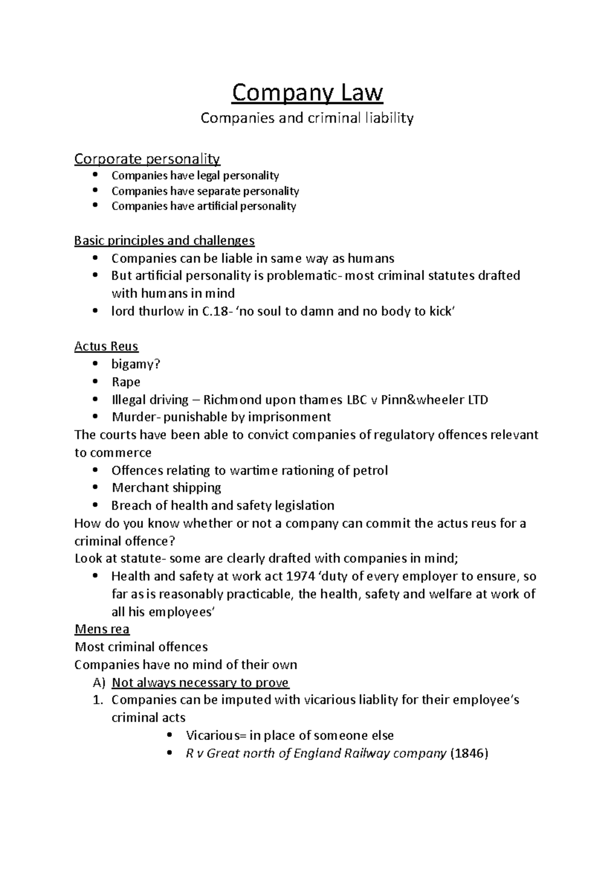 Company Law- lecture 3 - Company Law Companies and criminal liability ...