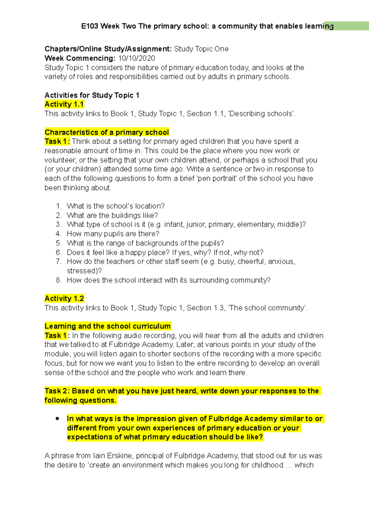 Study Topic 1 - Activities for Study Topic 1 Activity 1. This activity ...