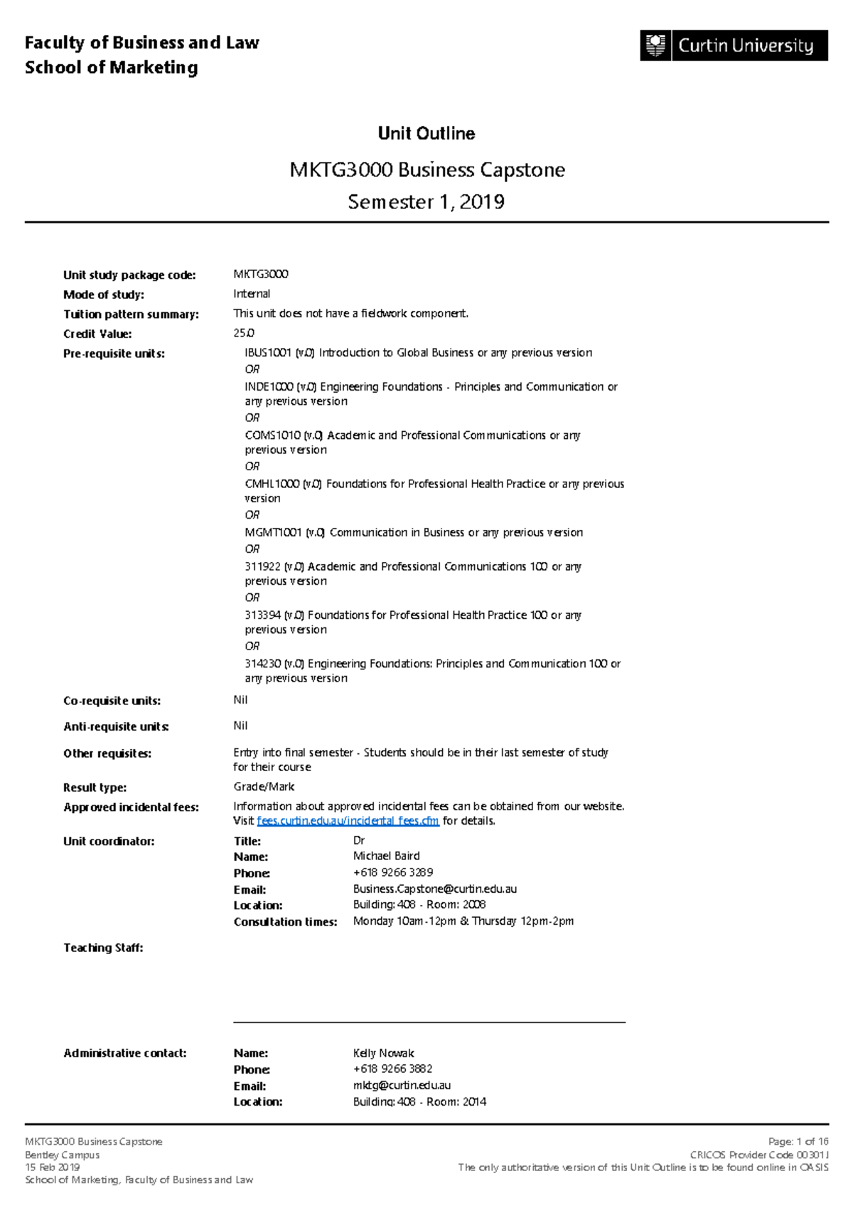 MKTG3000 Business Capstone Semester 1 2019 Bentley Campus INT - Faculty ...