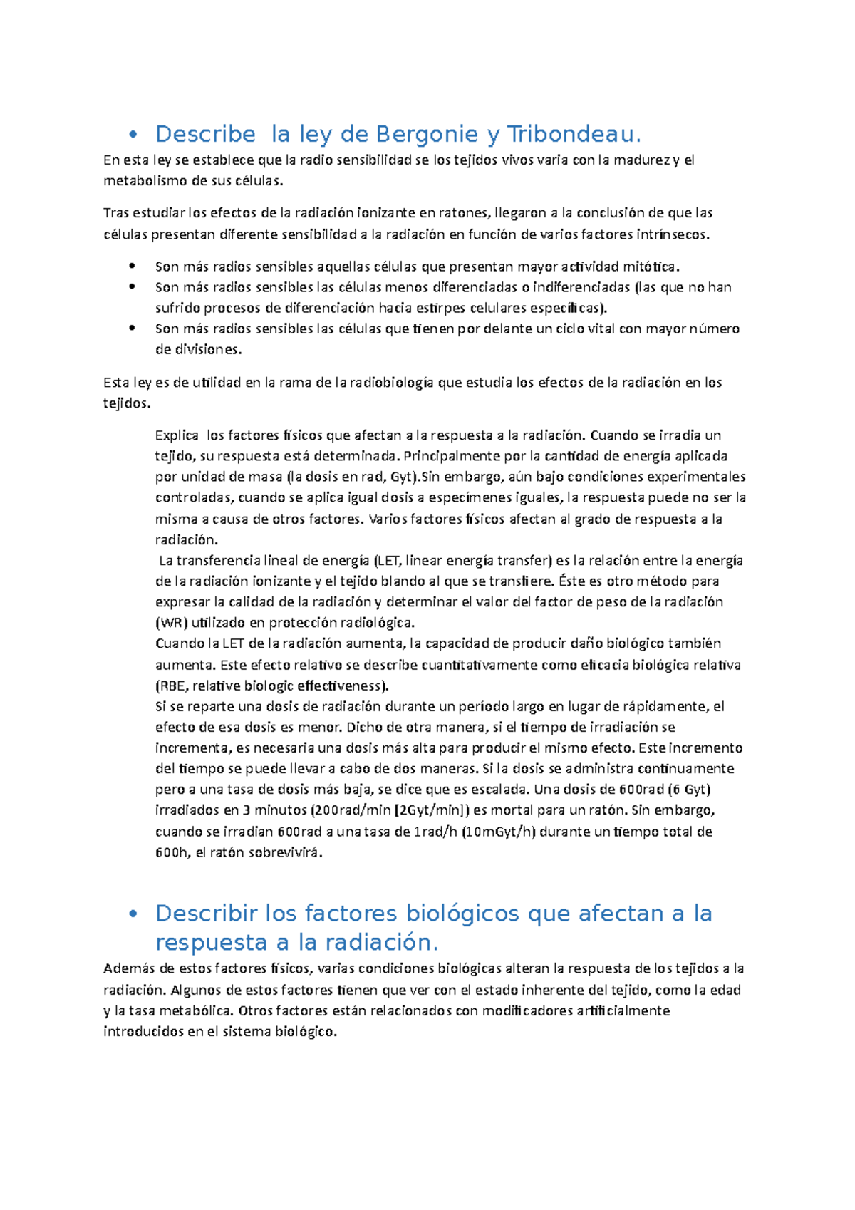 Describe la ley de Bergonie y Tribondeau proteccion tarea 3 - Describe ...