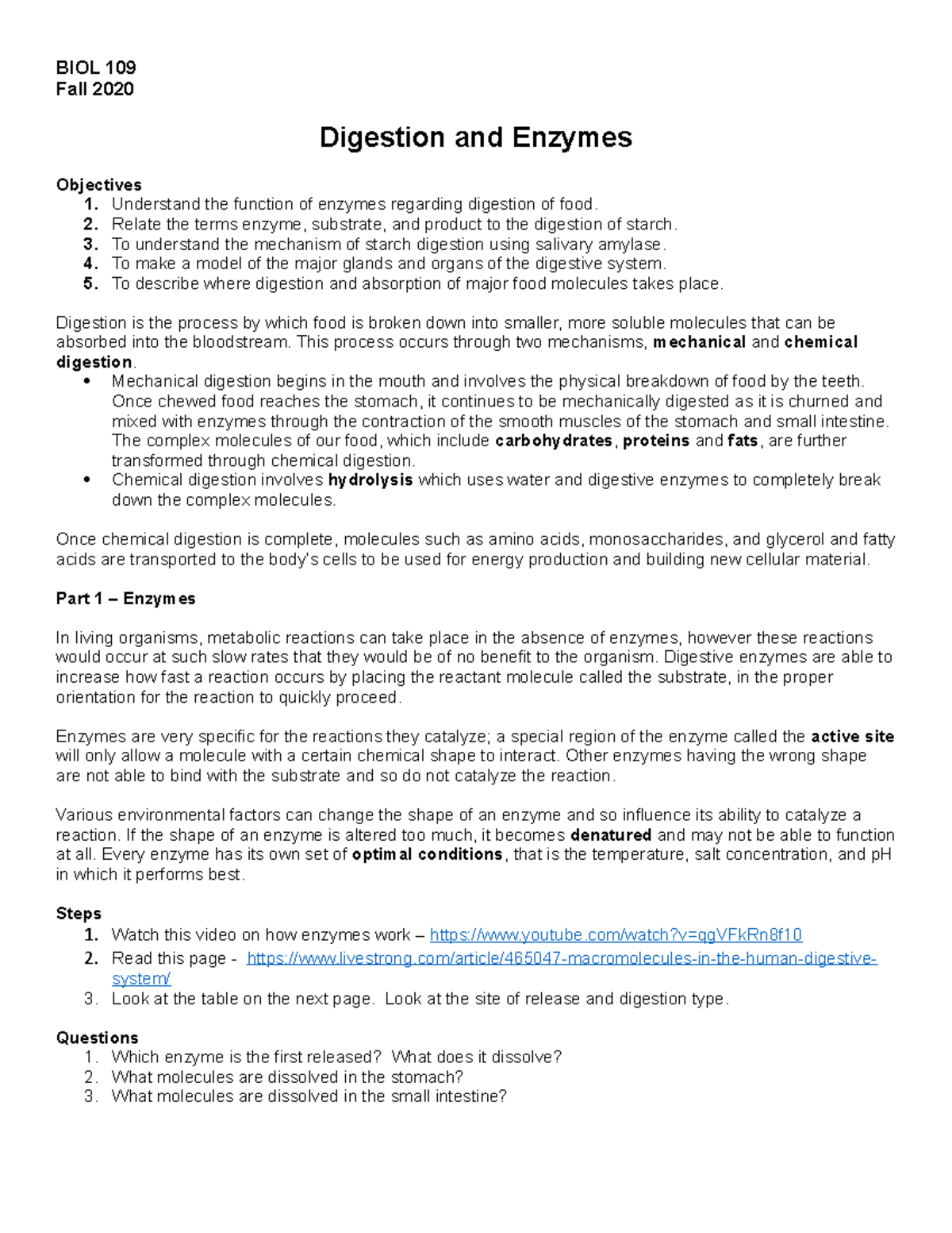Bio 109: Lab: Digestion - BIOL 109 Fall 2020 Digestion and Enzymes ...