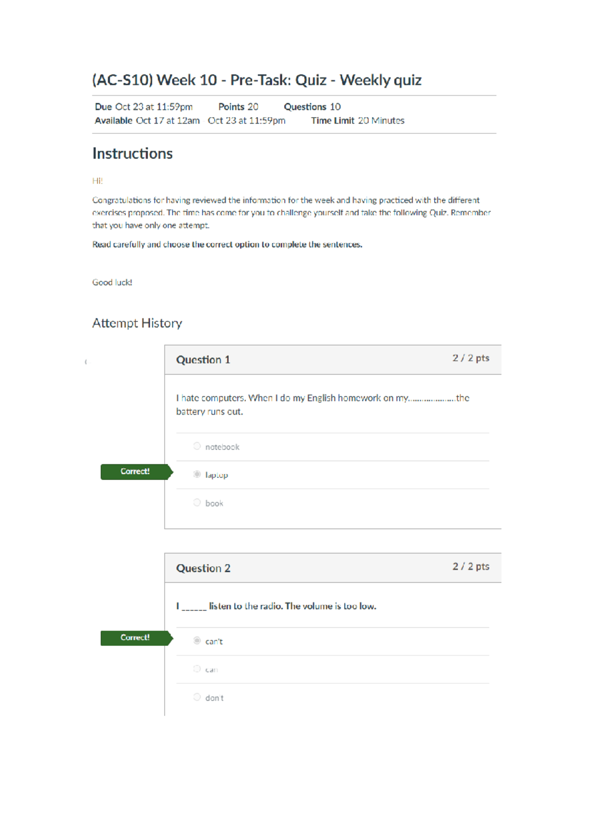 (AC-S10) Week 10 - Pre-Task Quiz - Weekly quiz - Ingles III - Studocu