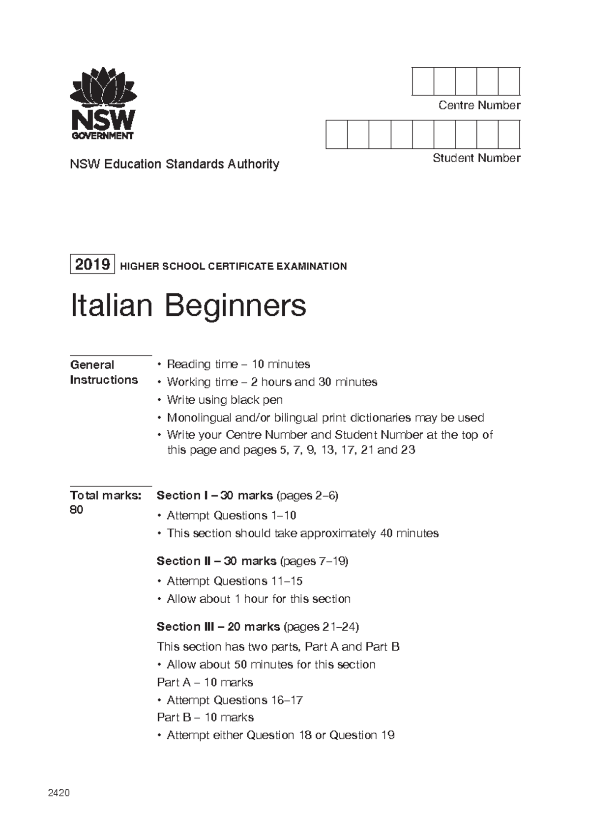 2019 hsc italian beg - bbabbbba - Centre Number NSW Education Standards ...