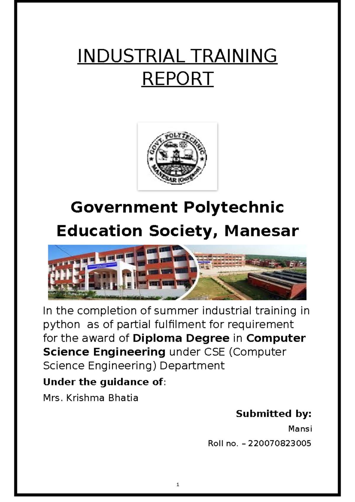 Industrial Training Report - INDUSTRIAL TRAINING REPORT Government ...