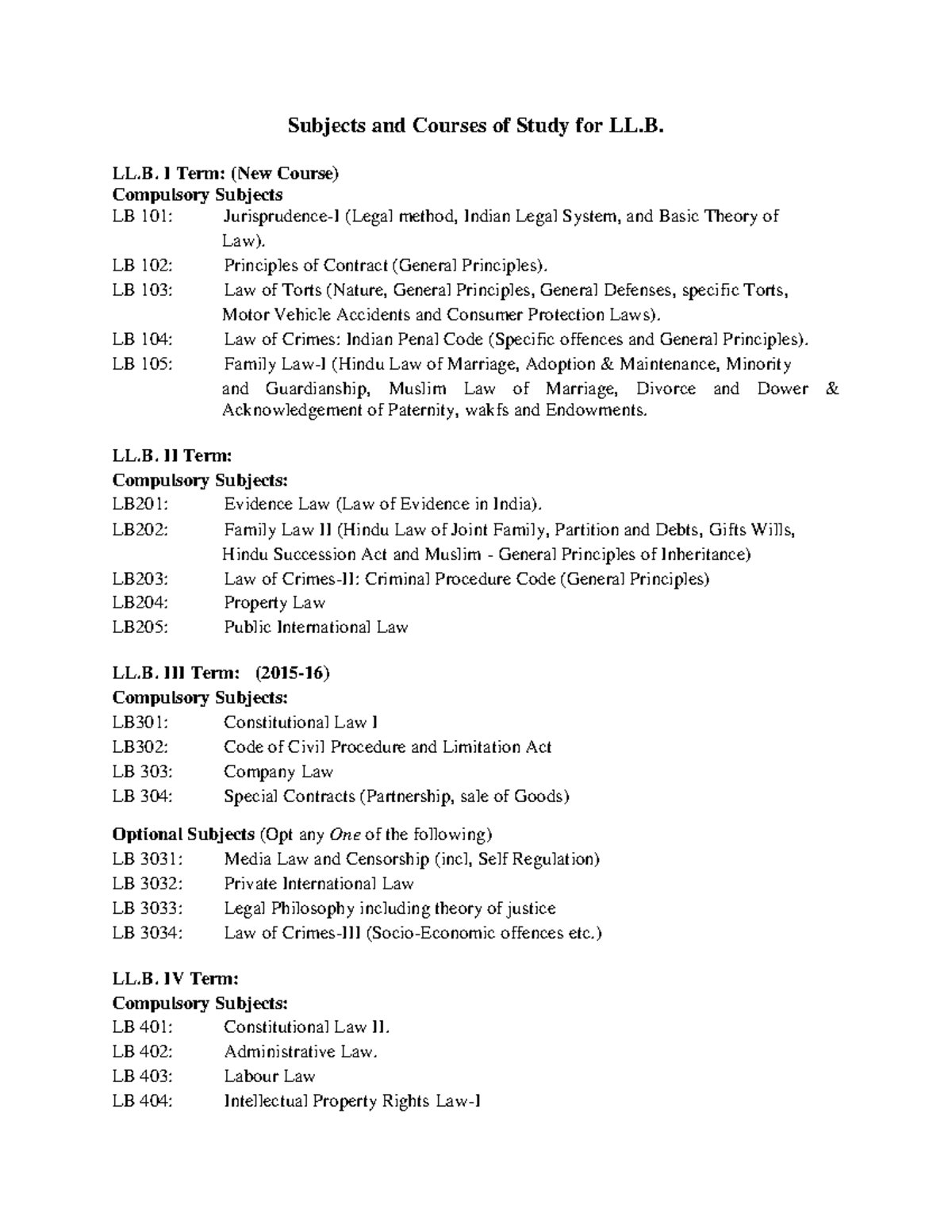 Du Llb Syllabus Subjects And Courses Of Study For LL LL I Term