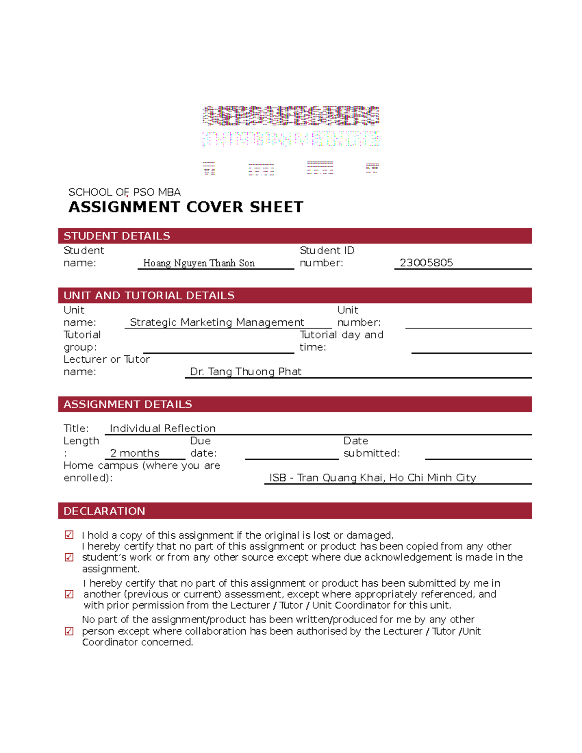 Individual reflection - SCHOOL OF PSO MBA ASSIGNMENT COVER SHEET ...