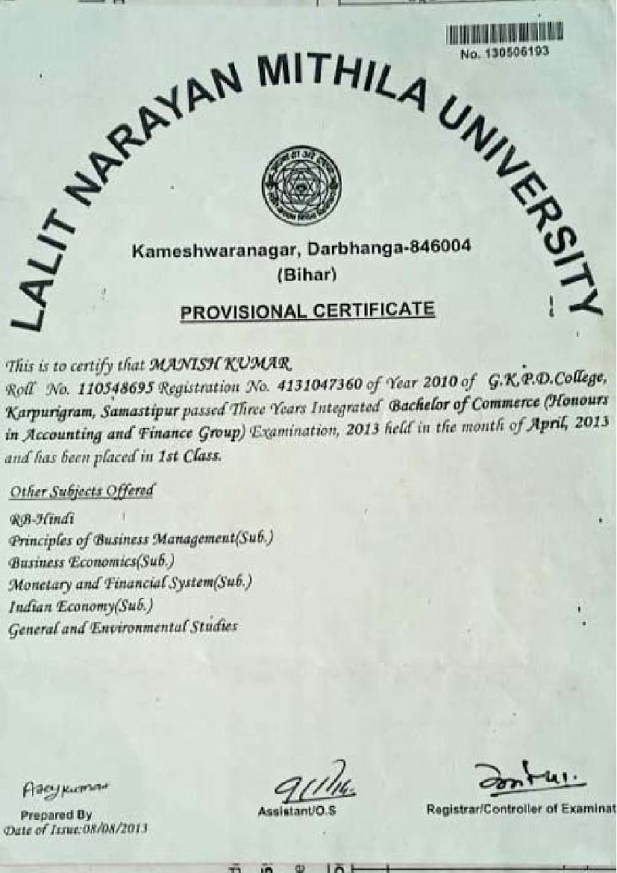 Manish graduation certificate - No. 130506193 Kameshwaranagar, MITHILA THE at Jr UNIVERSITY ...